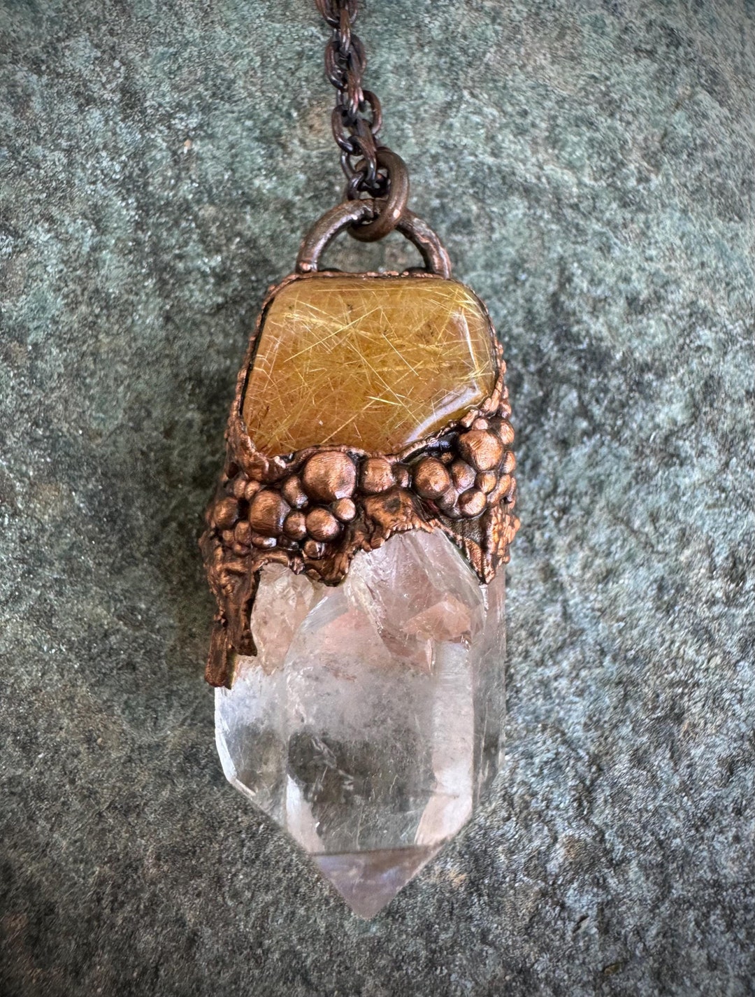Rutilated Golden Angel Hair Quartz and Clear Quartz Copper Necklace ...