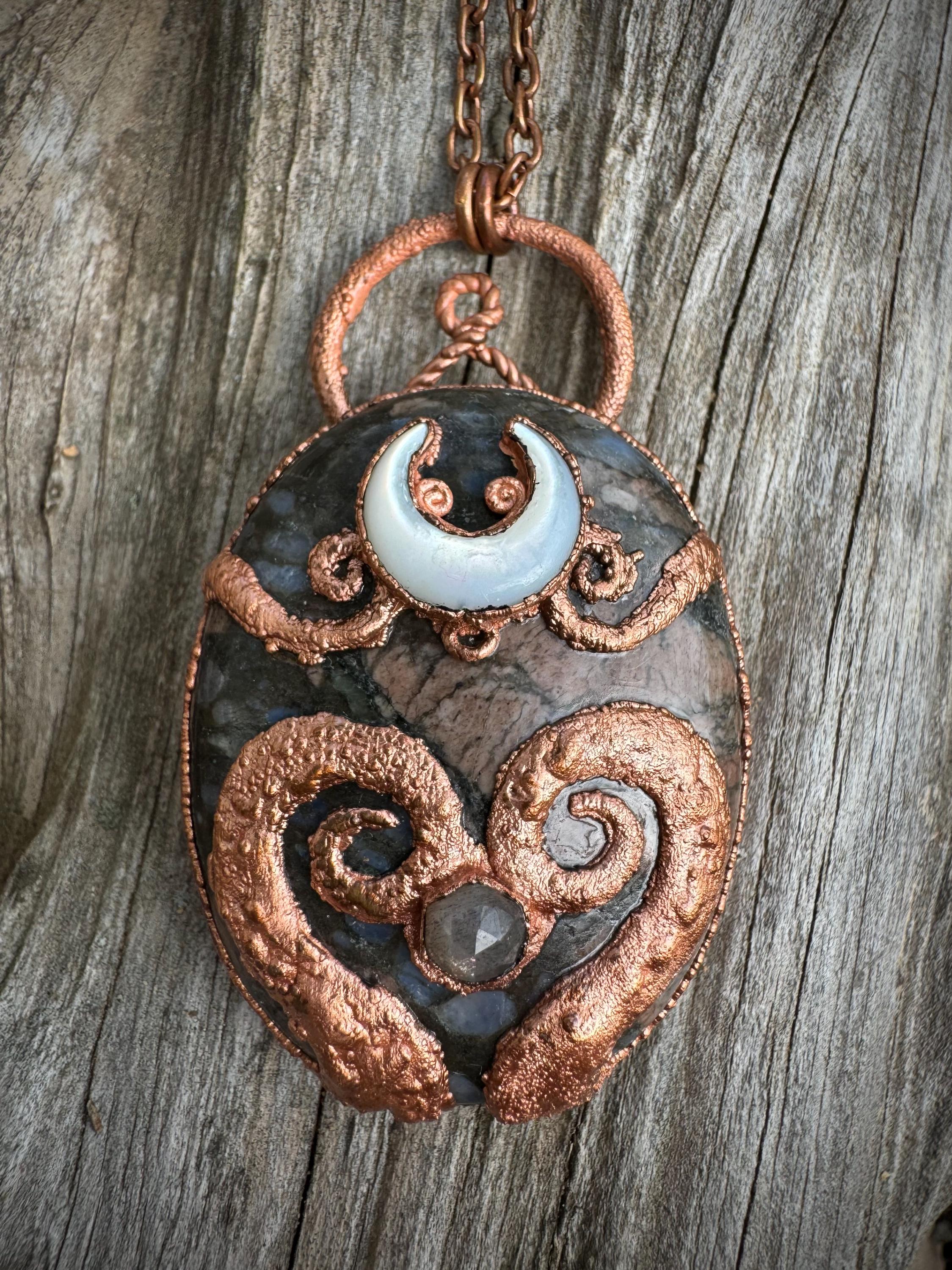 Goddess Amulet Necklace, Que Sera Stone, Mother of Pearl, Sunstone ...