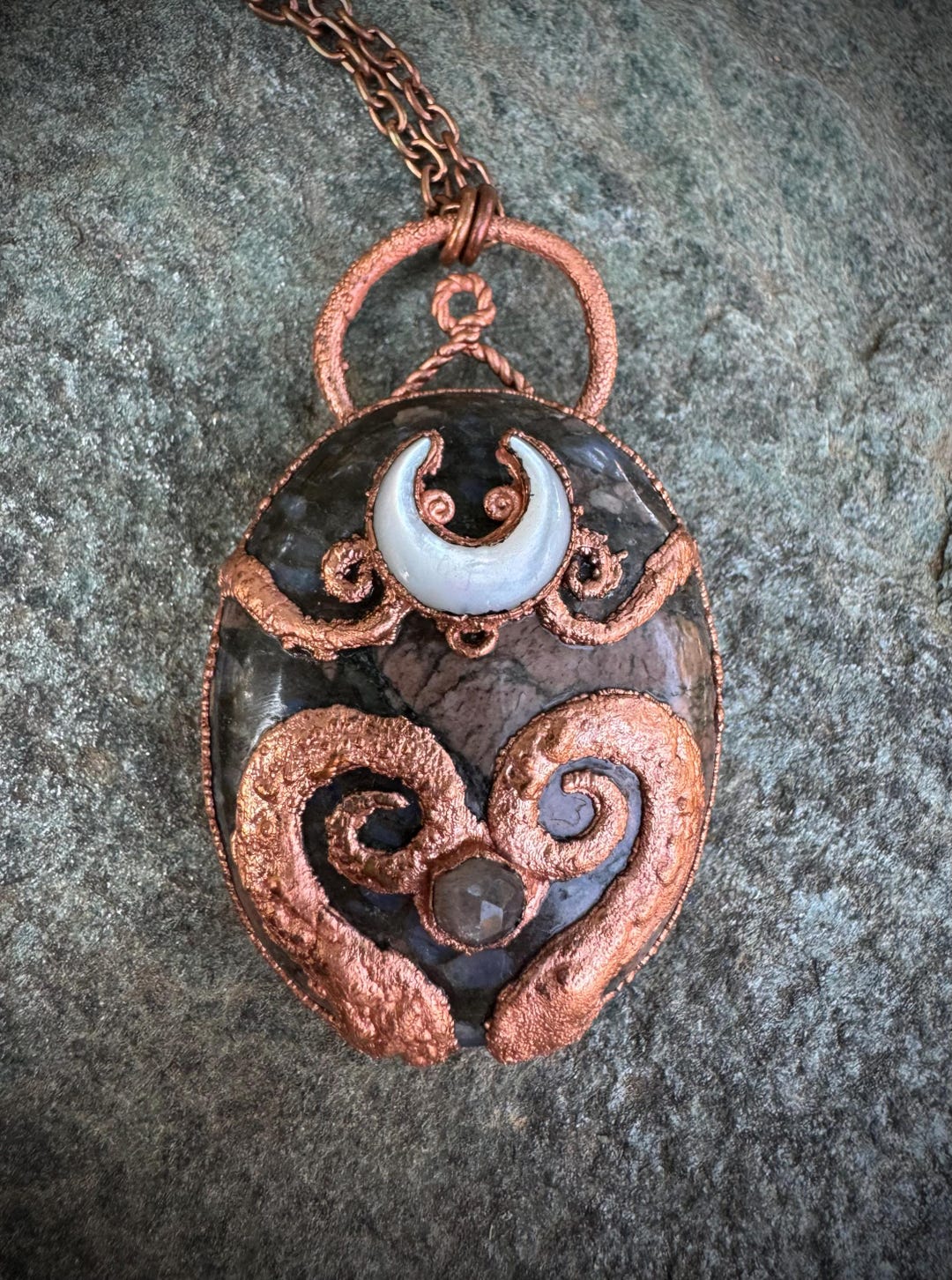 Goddess Amulet Necklace, Que Sera Stone, Mother of Pearl, Sunstone ...