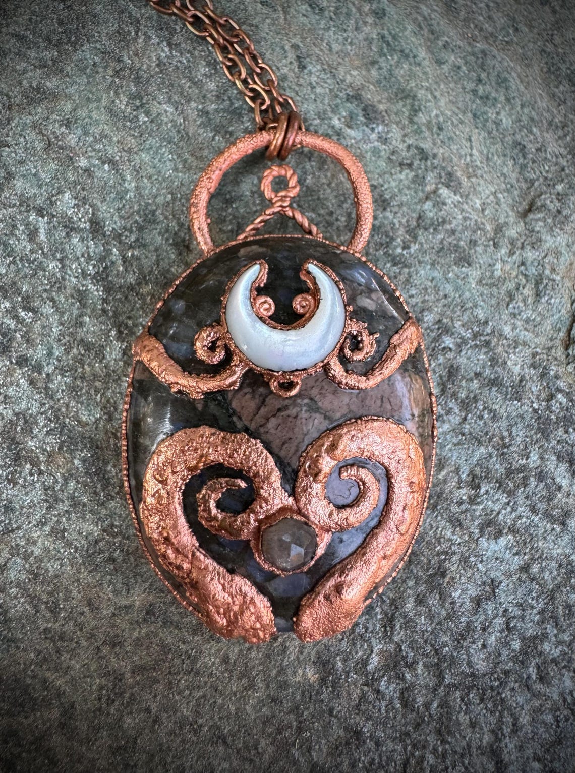 Goddess Amulet Necklace, Que Sera Stone, Mother of Pearl, Sunstone ...
