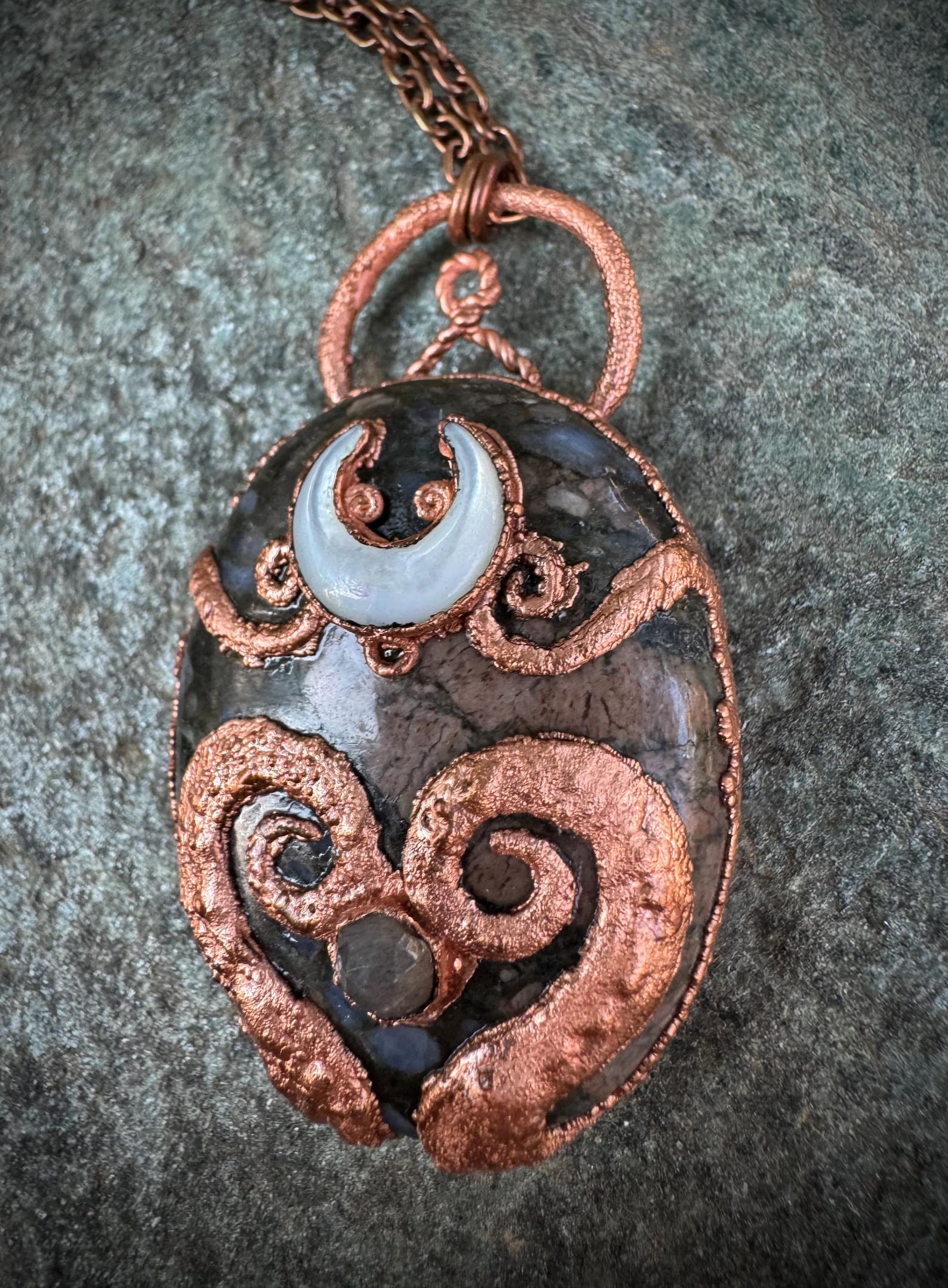 Goddess Amulet Necklace, Que Sera Stone, Mother of Pearl, Sunstone ...