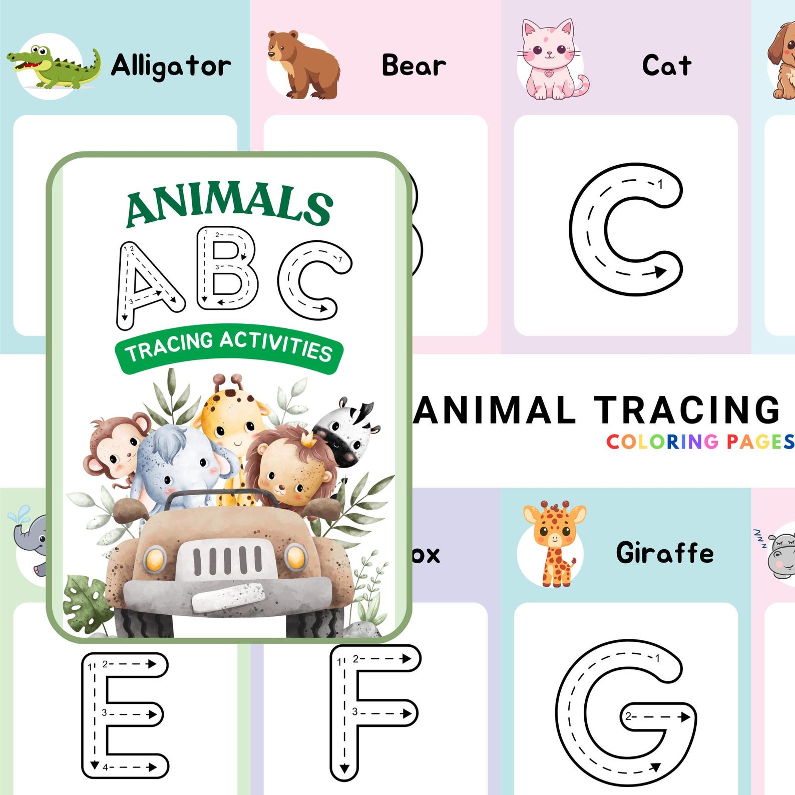 Printable Cute Alphabet Animal Tracing Activity Workbook / Flash Cards ...