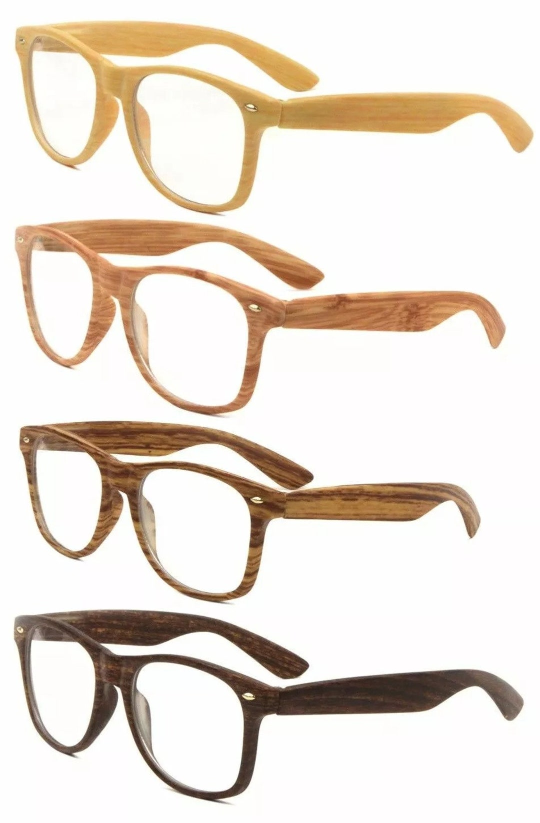 Retro Square Sunglasses Faux Bamboo Wood Frames Clear Lens Glasses ...