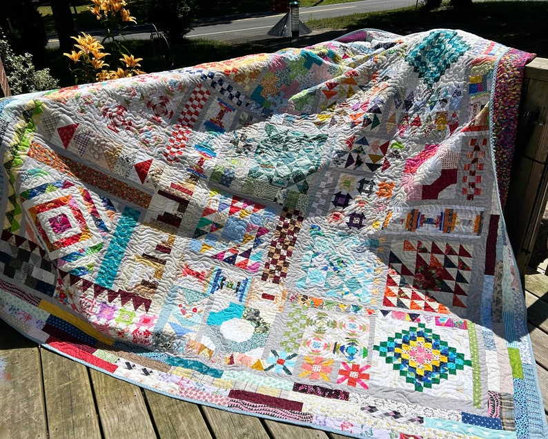 A Handmade Scrappy Sampler Quilt Made With Vintage Fabric and Antique Blocks Made up in Jen ...