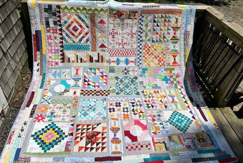 A Handmade Scrappy Sampler Quilt Made With Vintage Fabric and Antique Blocks Made up in Jen ...