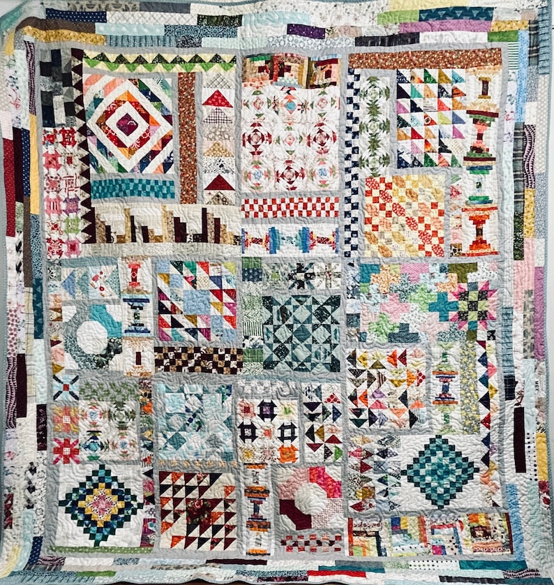A Handmade Scrappy Sampler Quilt Made With Vintage Fabric and Antique Blocks Made up in Jen ...