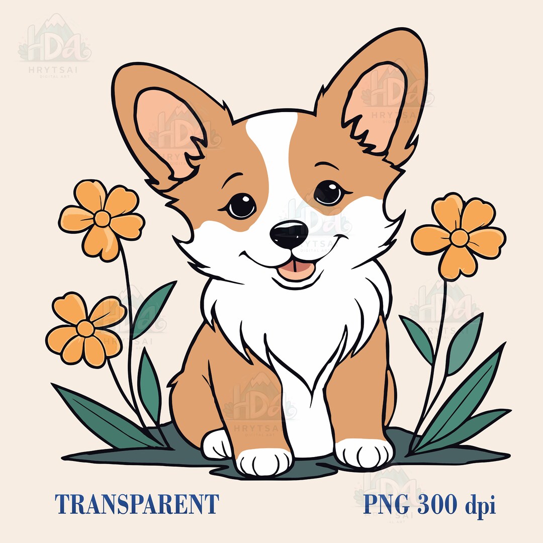 Pembroke Welsh Corgi Puppy in Flowers PNG, Cute Sublimation, Corgi Png ...