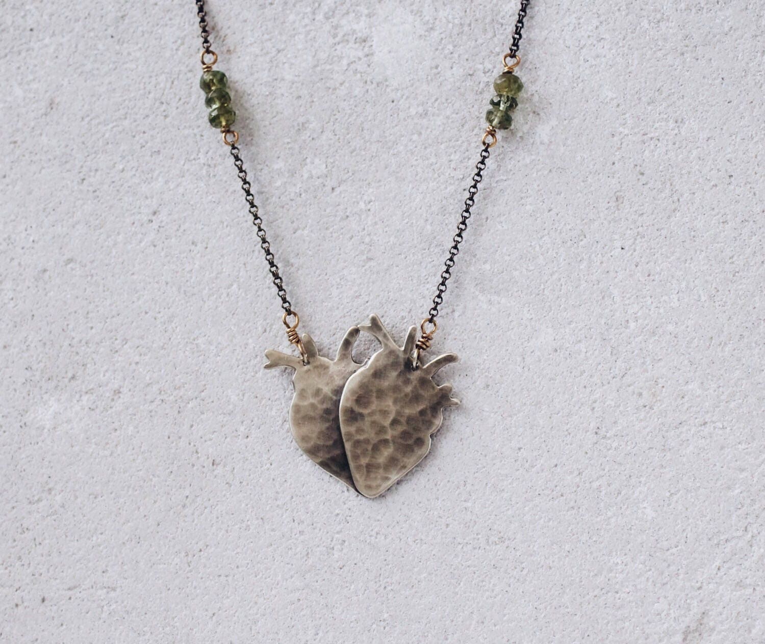 Double heart necklace anatomical heart amulet brass & | Etsy