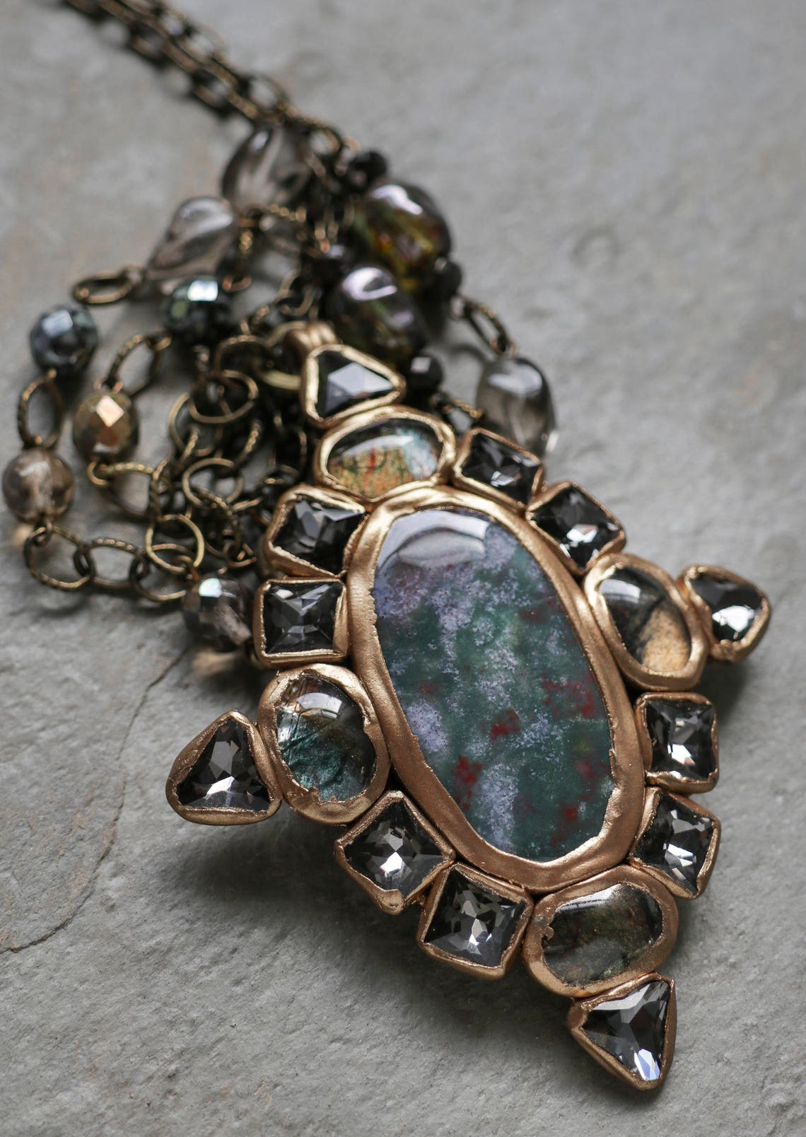 Green Bloodstone With Grey Crystal Rhine Stone Long Chain - Etsy