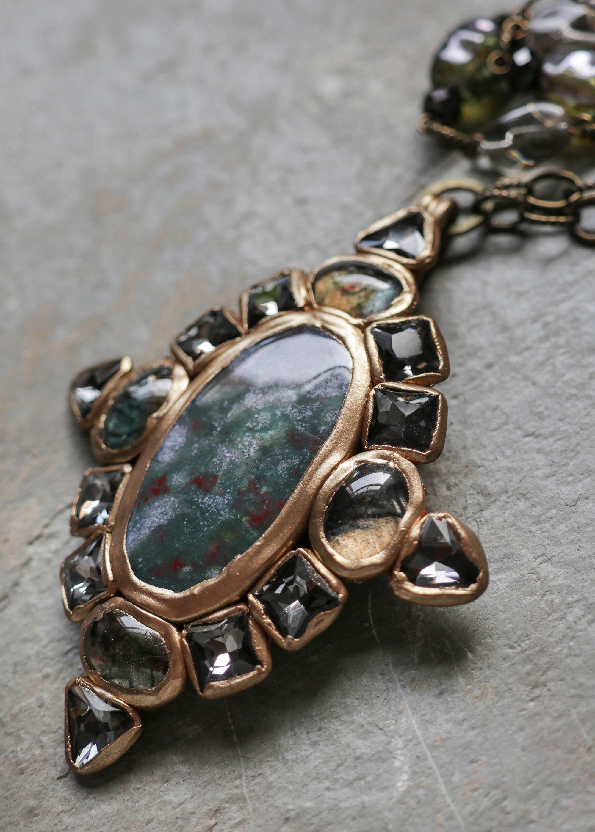 Green Bloodstone With Grey Crystal Rhine Stone, Long Chain Cross ...