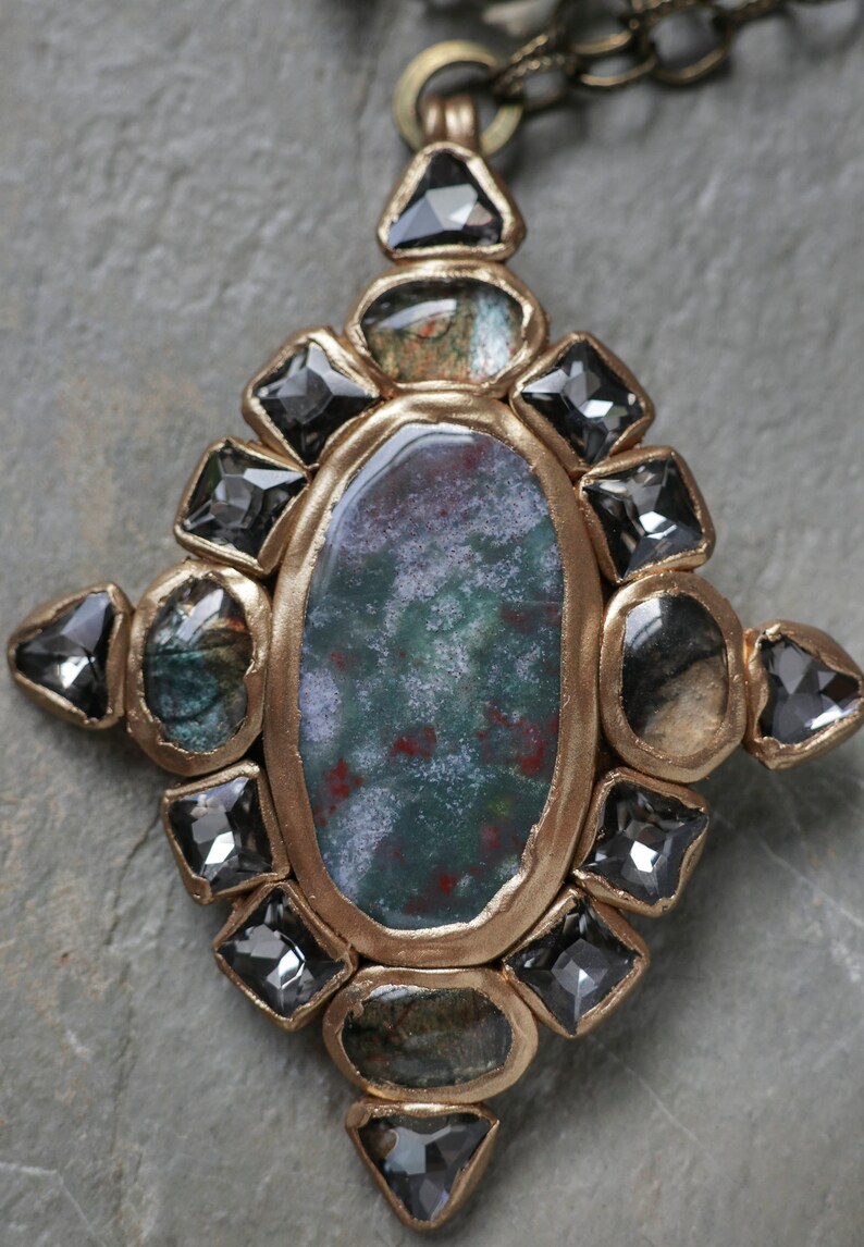 Green Bloodstone With Grey Crystal Rhine Stone, Long Chain Cross ...