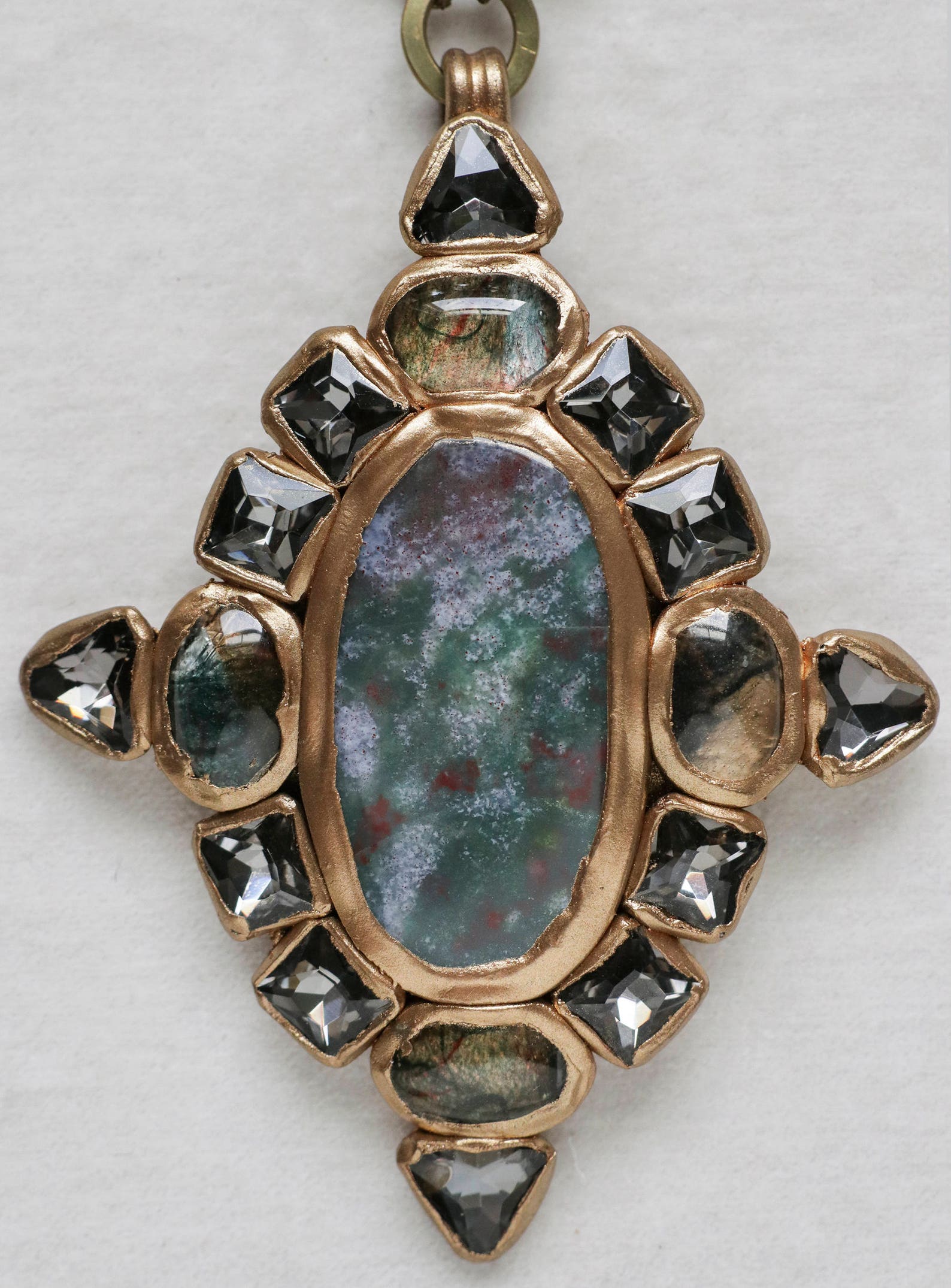 Green Bloodstone With Grey Crystal Rhine Stone, Long Chain Cross ...