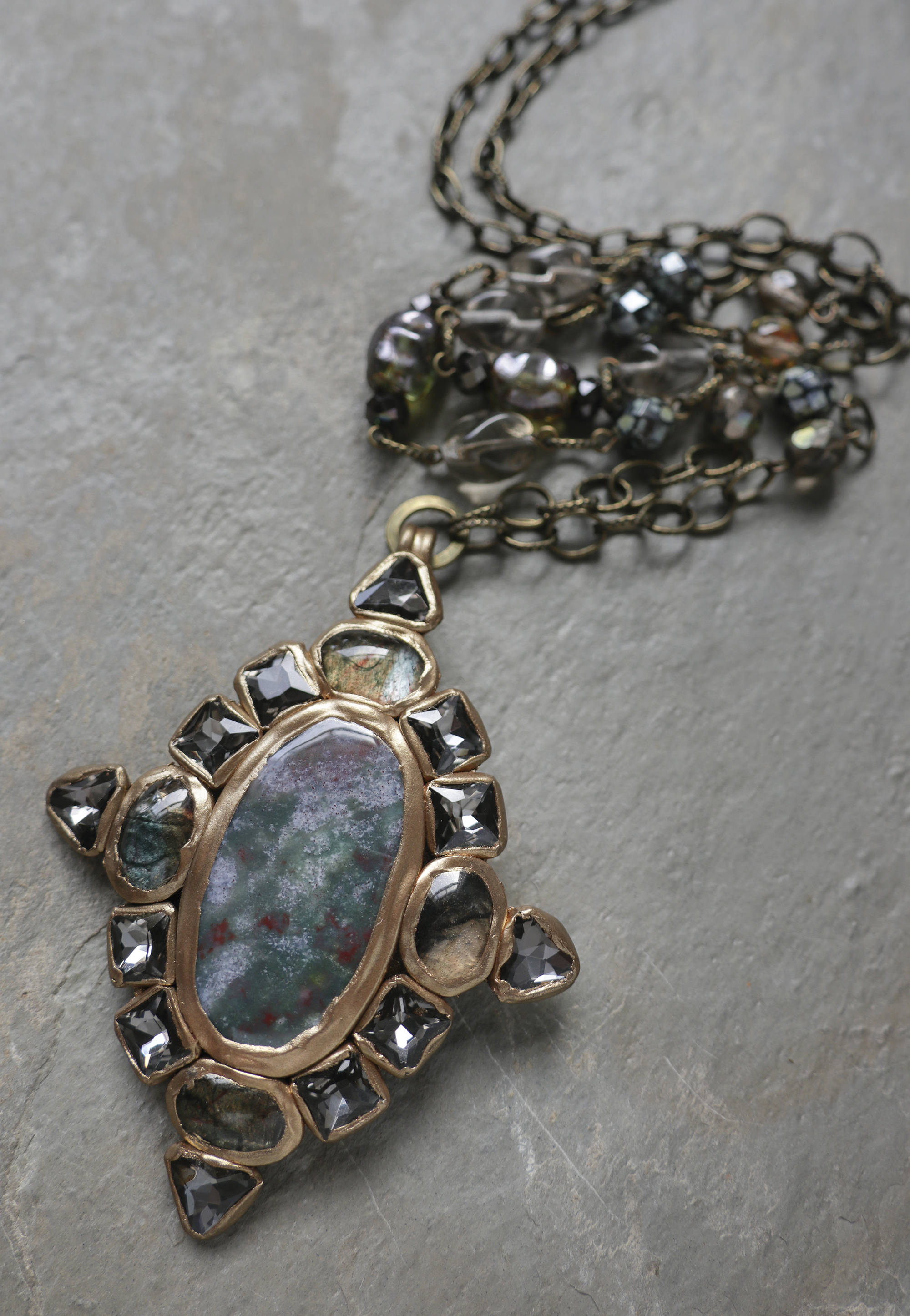 Green Bloodstone With Grey Crystal Rhine Stone, Long Chain Cross ...