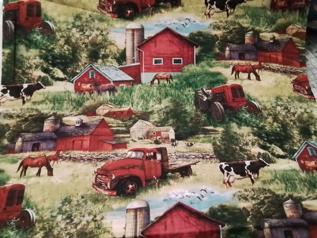 Red Truck Farm Cow Horse Barnyard Fabric Yardage David Textiles - Etsy
