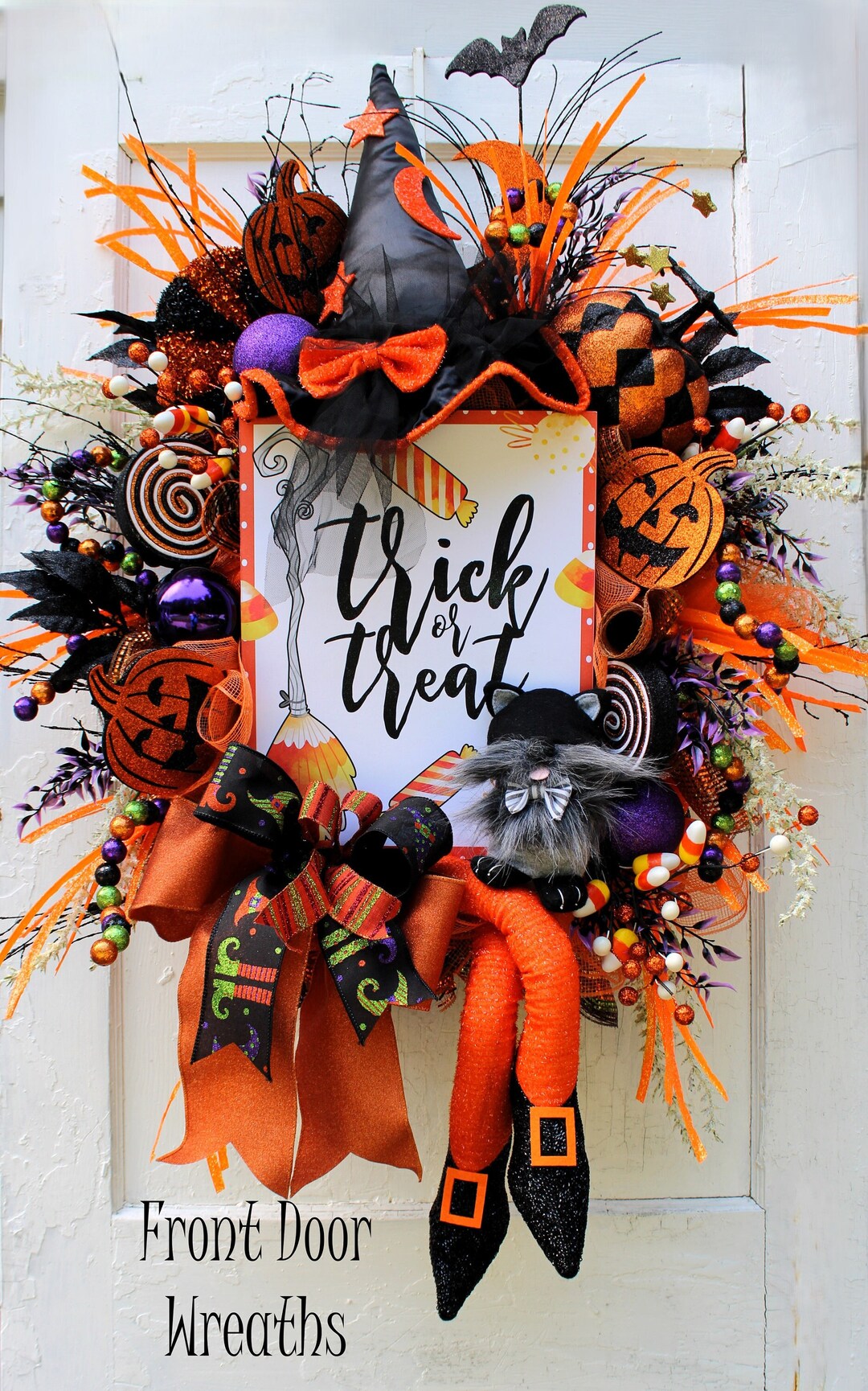 Witch Halloween Wreath Trick or Treat Sign Black Gnome Cat - Etsy
