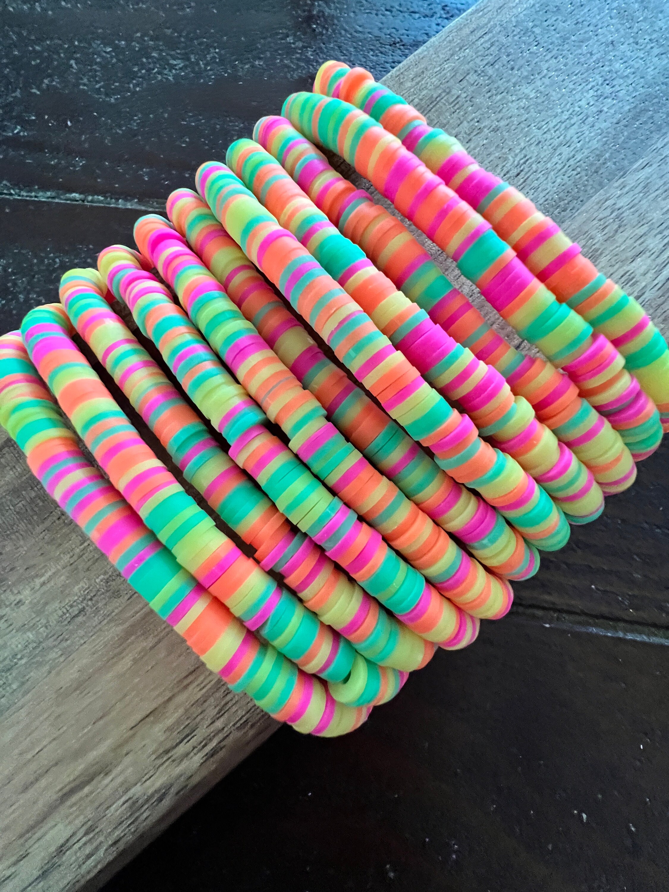 Neon Bracelet, Heishi, Disc Beads, Neon Beaded Bracelet, Neon Green ...