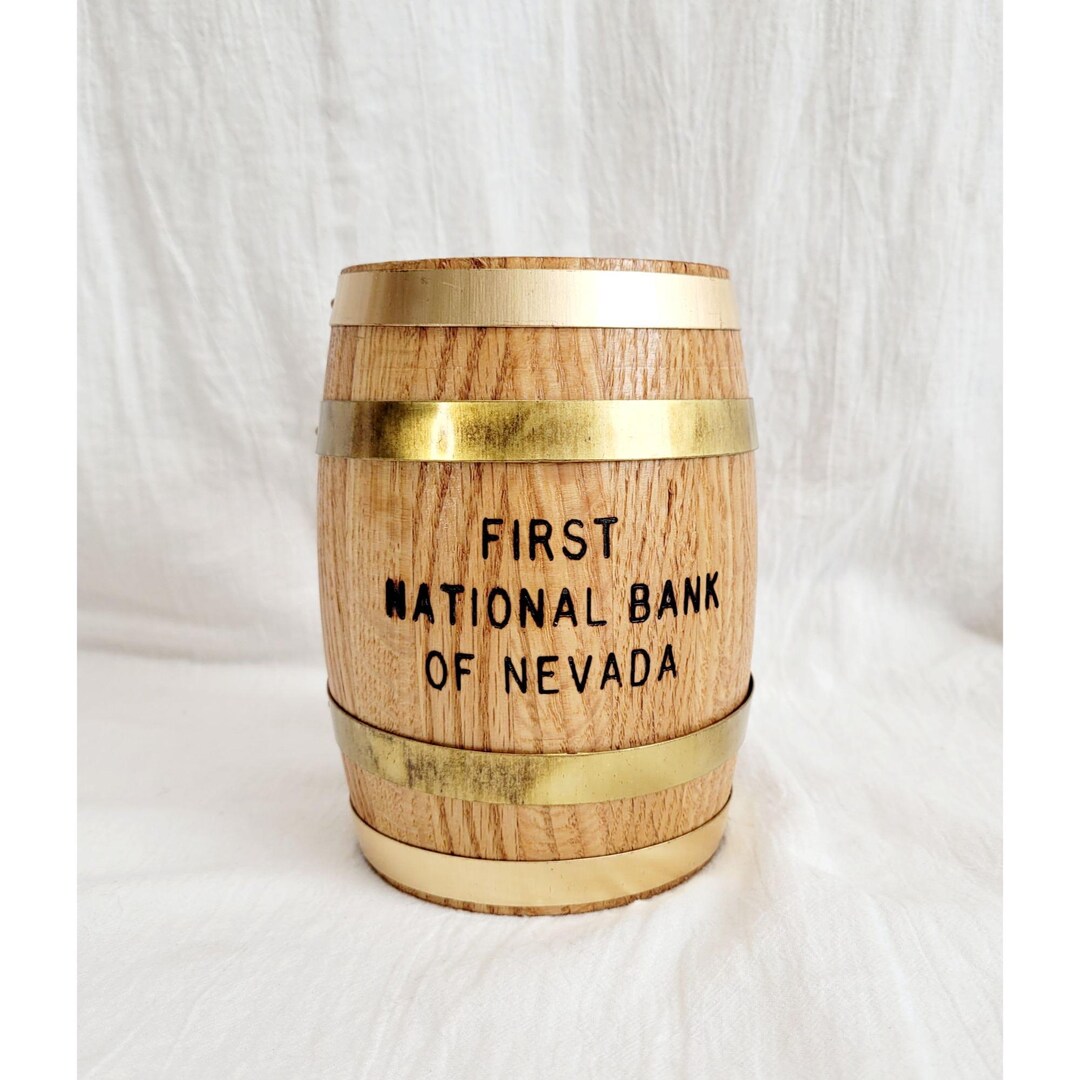Vintage Wooden Bank Barrel With Brass Trim First National Bank of ...