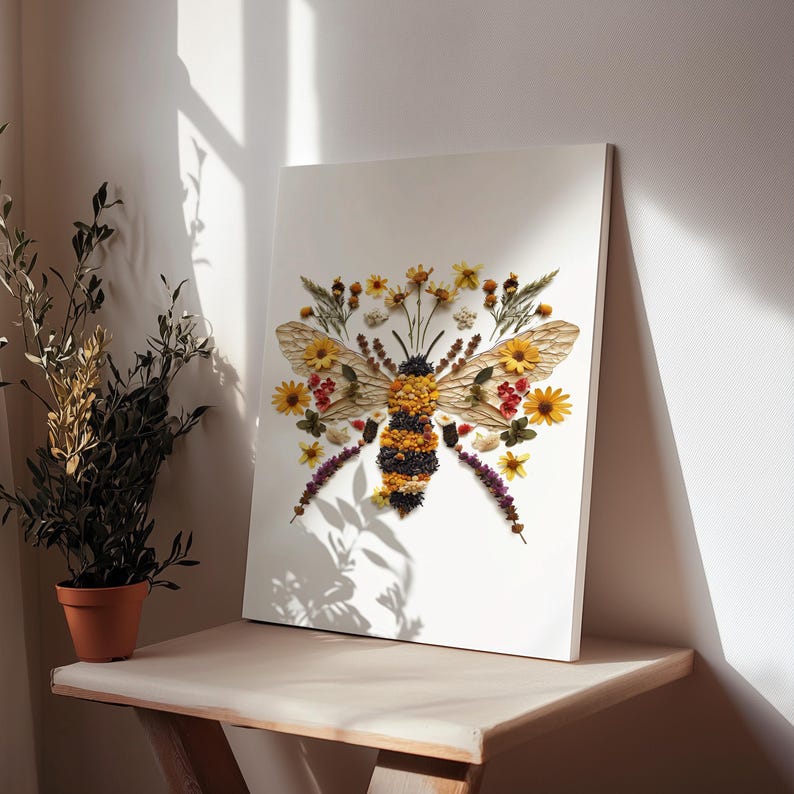 Canvas Print, Bee Made of Dried Pressed Flowers, Wall Art Decor, Home ...