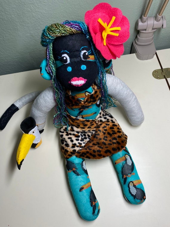 Cheeky Tiki Sock Monkey wearing Tiki Outfit with Hibiscus in | Etsy