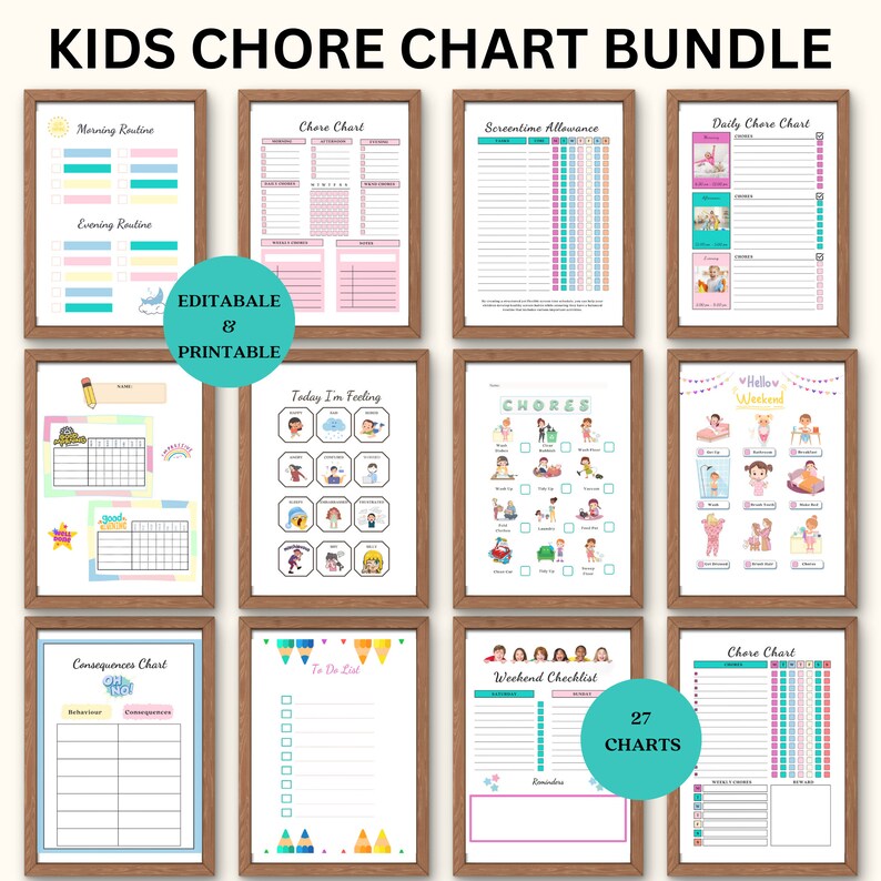 Kids Reward & Chore Chart Bundle, Printable, Editable, Daily Routine ...