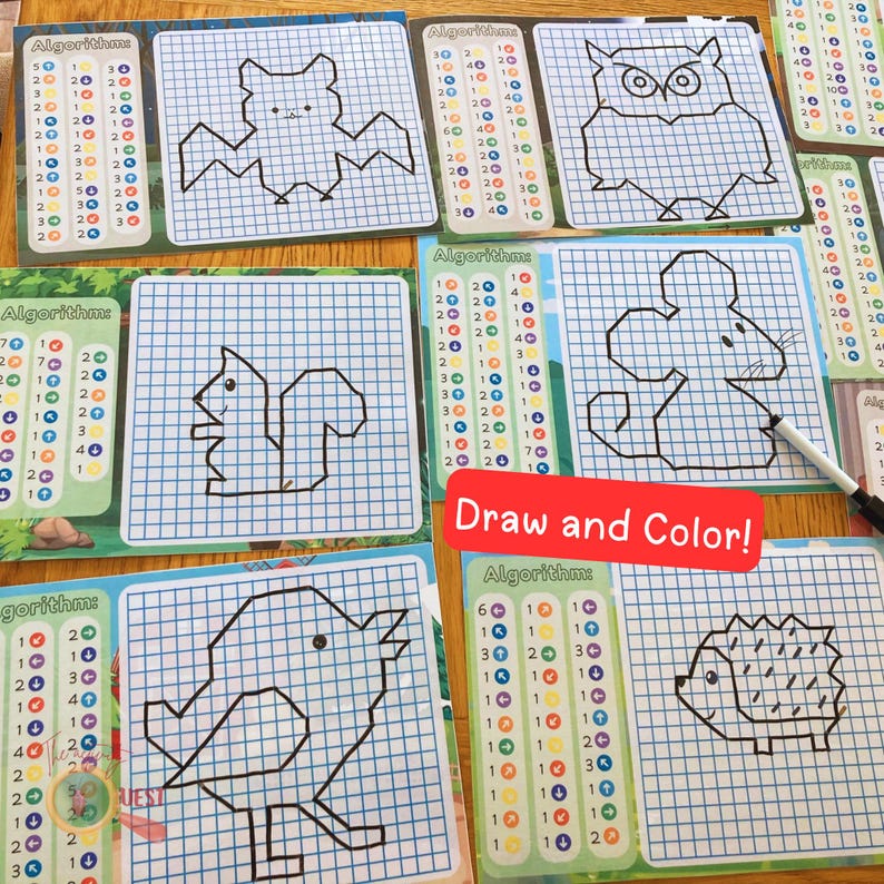 10 Animals Graphic Dictation Printable for Kids, Commands Coding ...
