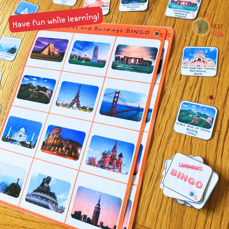 Landmarks BINGO for Children, up to 20 players Iconic Sculptures and ...