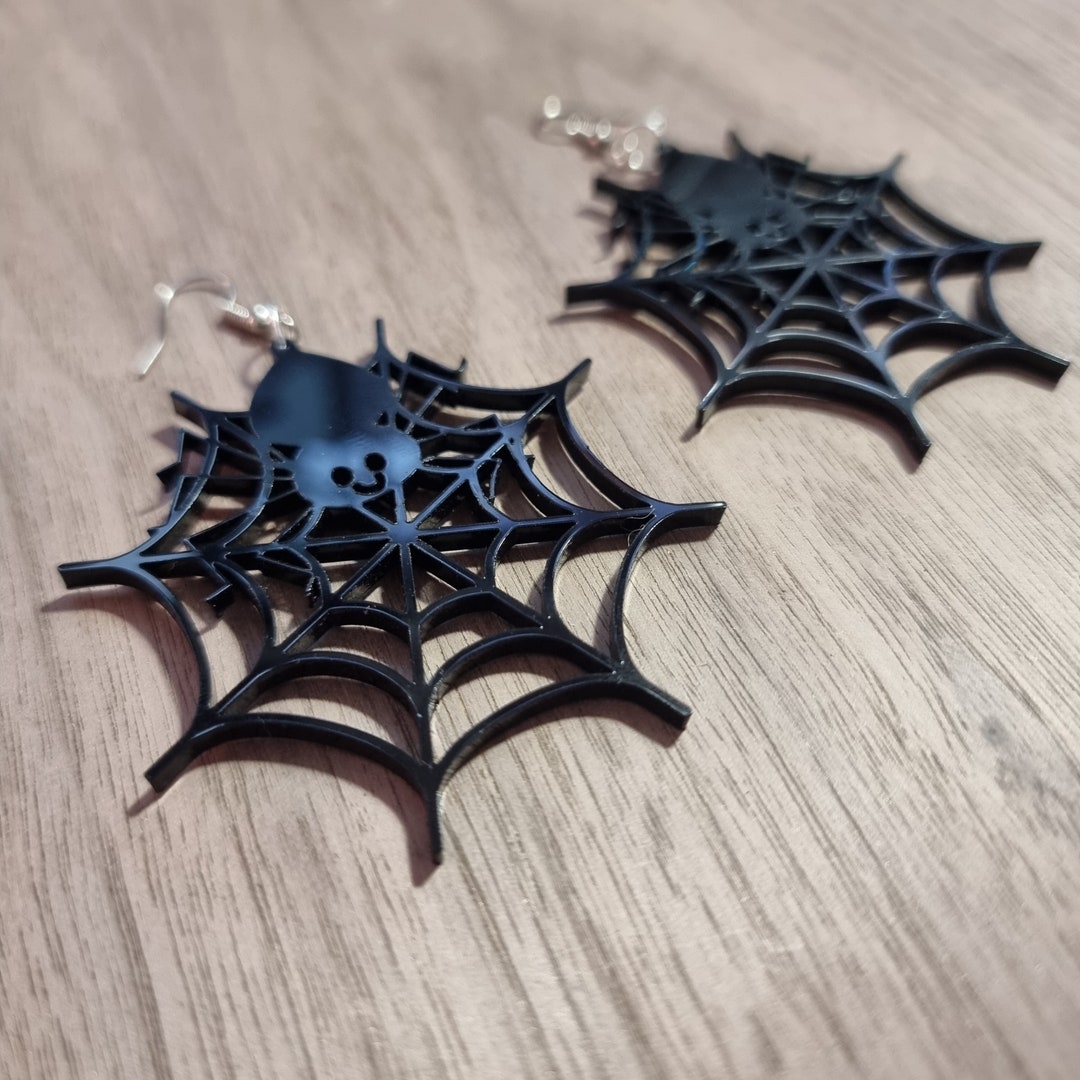 Spider Web Dangling Earrings- Halloween - Black Gloss Acrylic - - Etsy