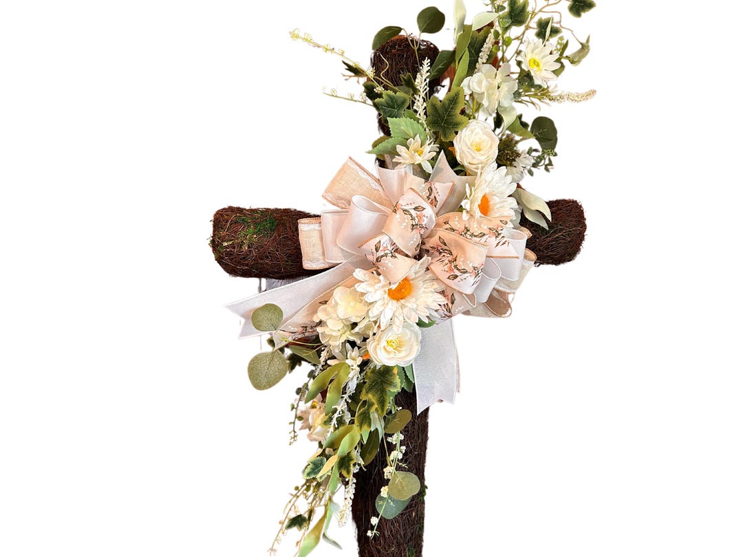 Moss Cross Wreath With White Florals, Sympathy Memorial Gravesite Cross ...