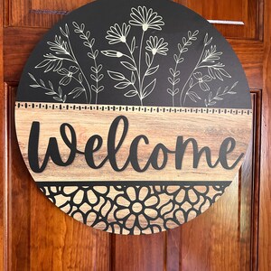 Modern Rustic Welcome Sign – Black Wood Floral Round Door Hanger, Front ...