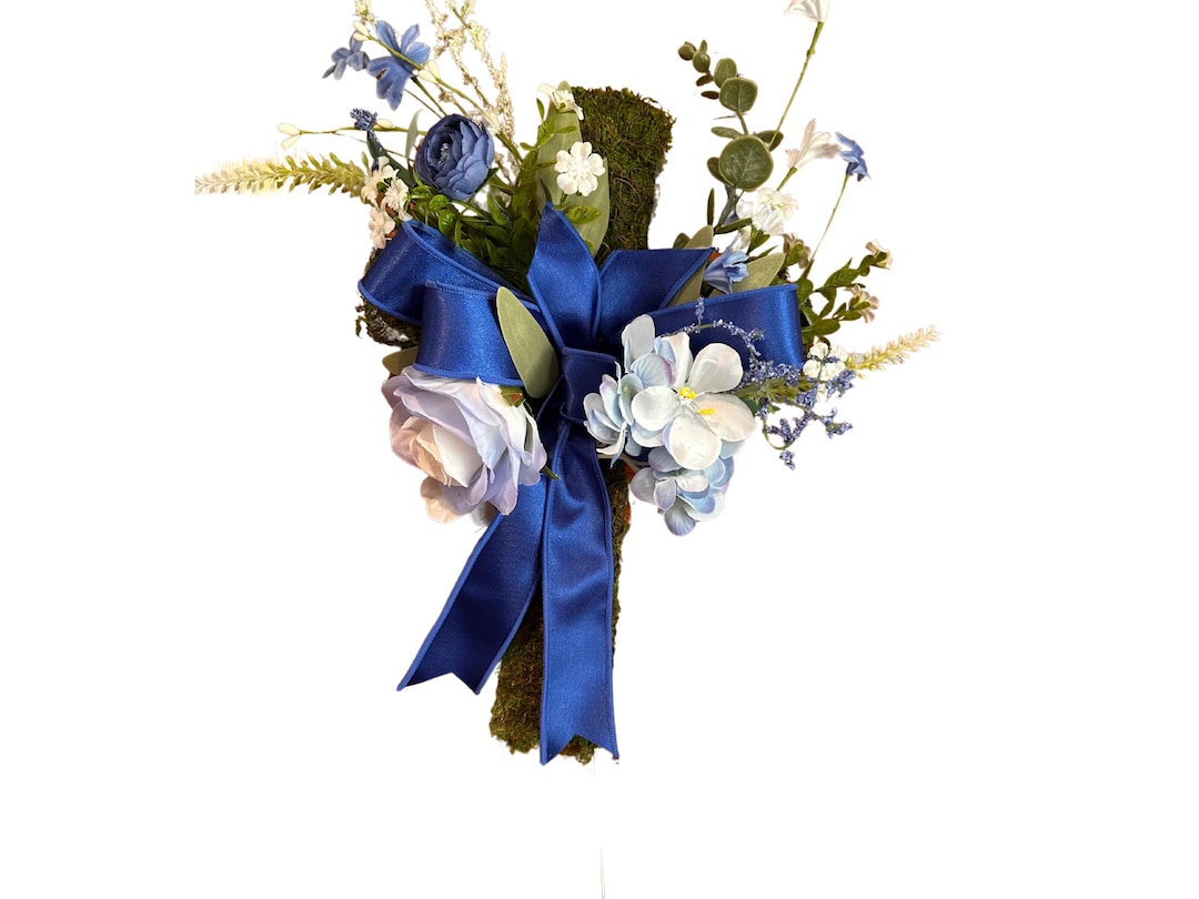Moss Cross With Blue Satin Bow, Floral Cross Wreath, Christian Home ...