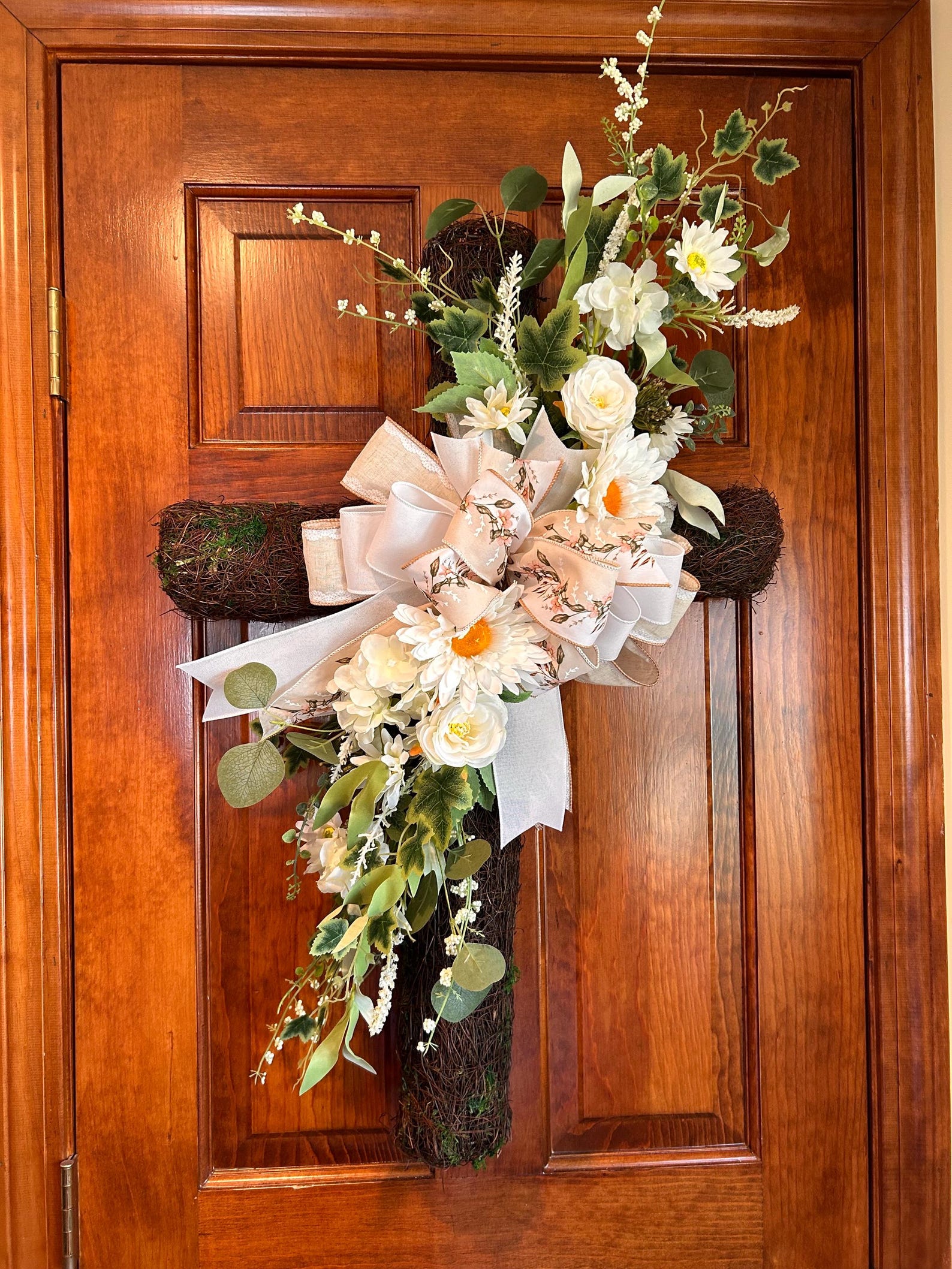 Moss Cross Wreath With White Florals, Sympathy Memorial Gravesite Cross ...