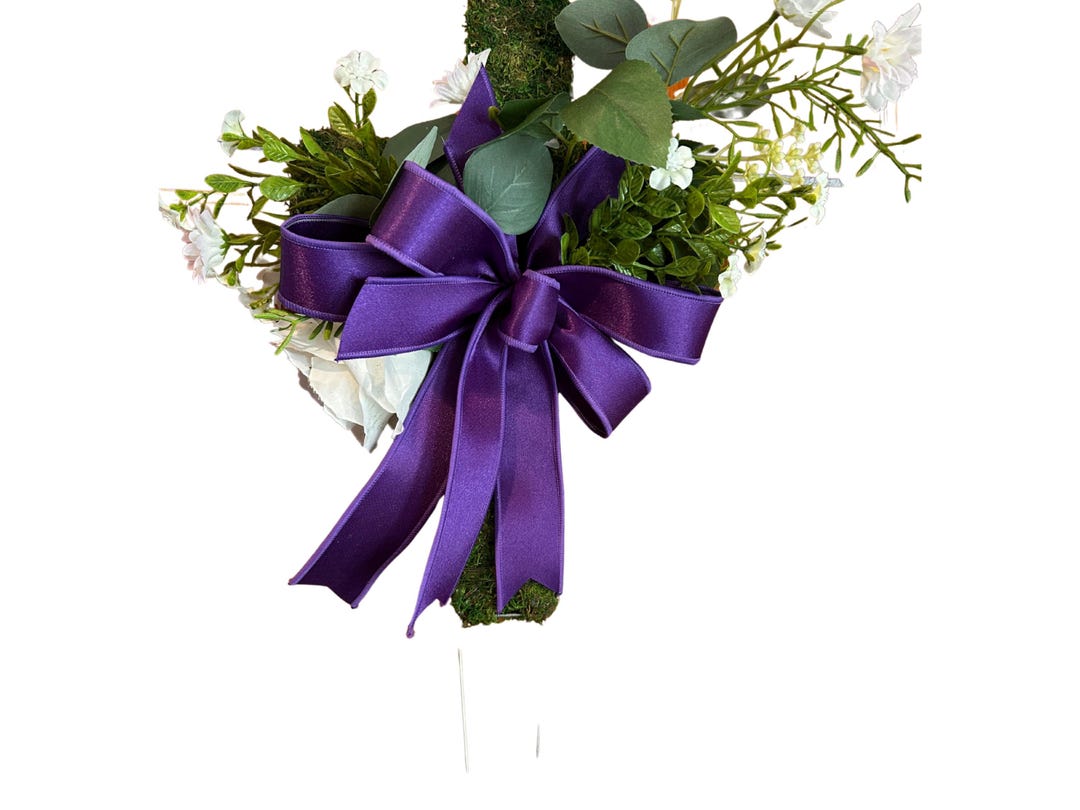 Moss Cross With Purple Satin Bow, Floral Cross Wreath, Christian Home ...