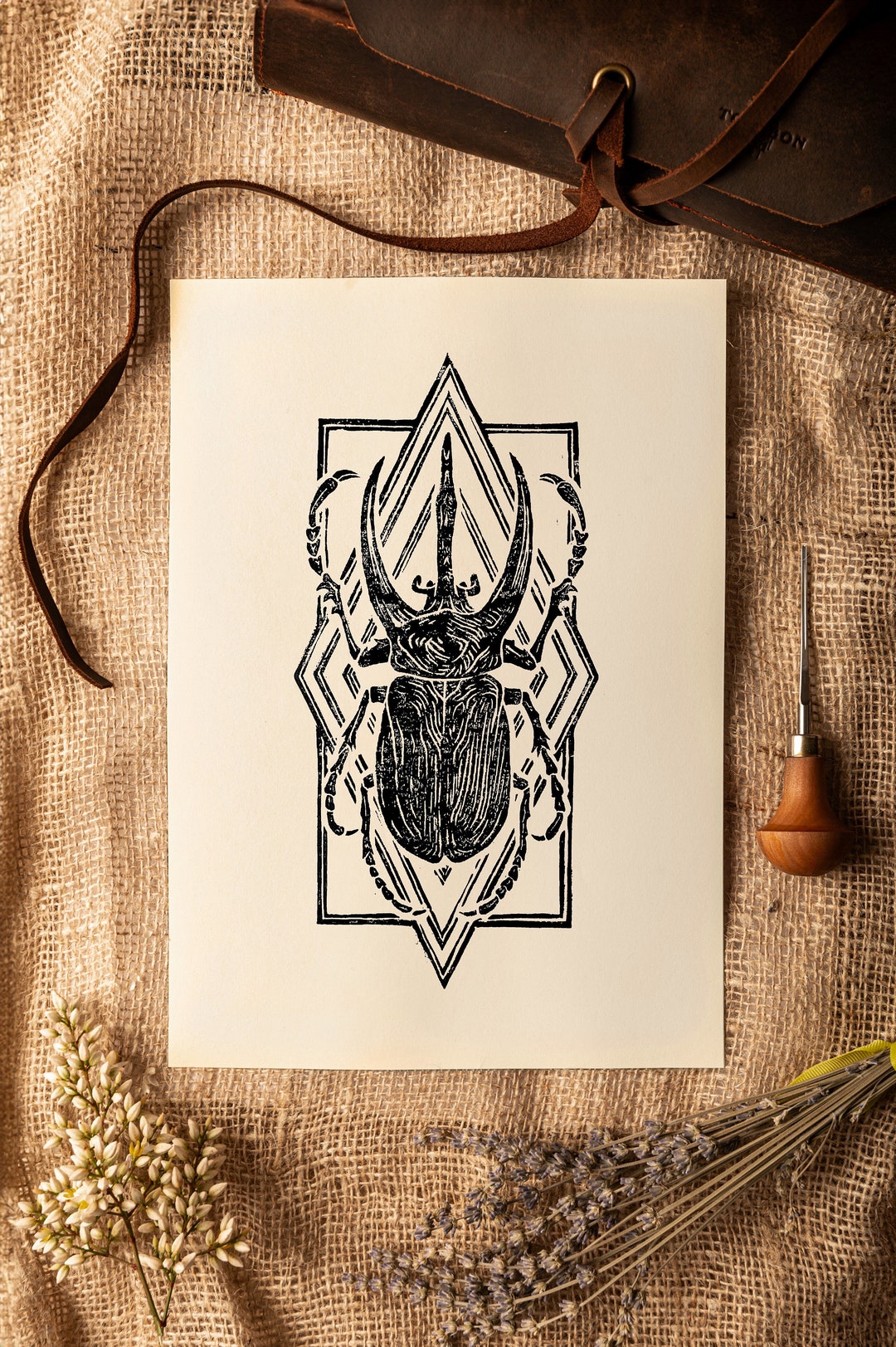 Stag Beetle - Linocut A4 Print - Etsy