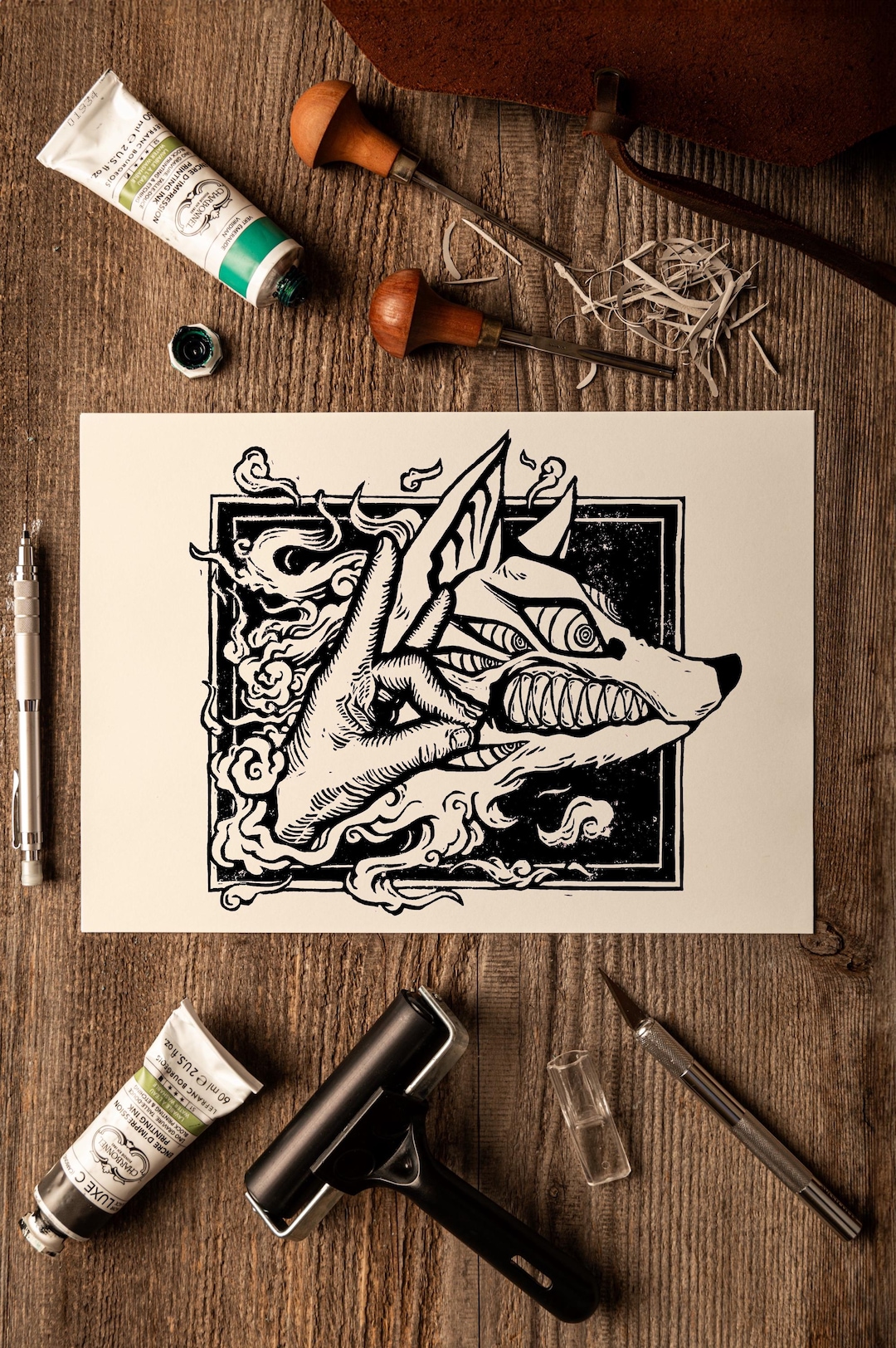 Chainsaw Man Fox Devil Kon - Linocut A4 Print - Etsy