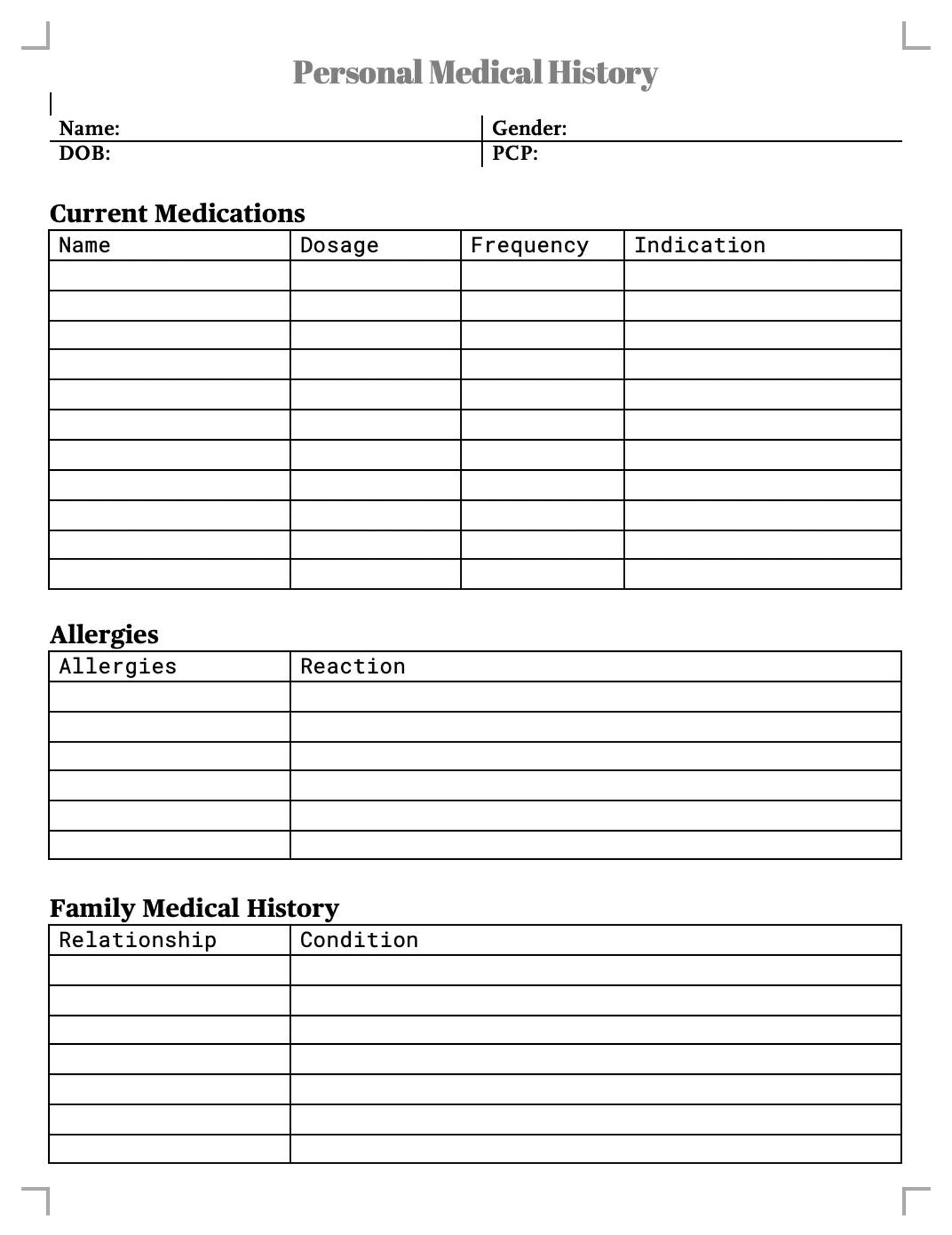 Printable Medical History Sheet | One-page Health Log for Doctor Visits ...