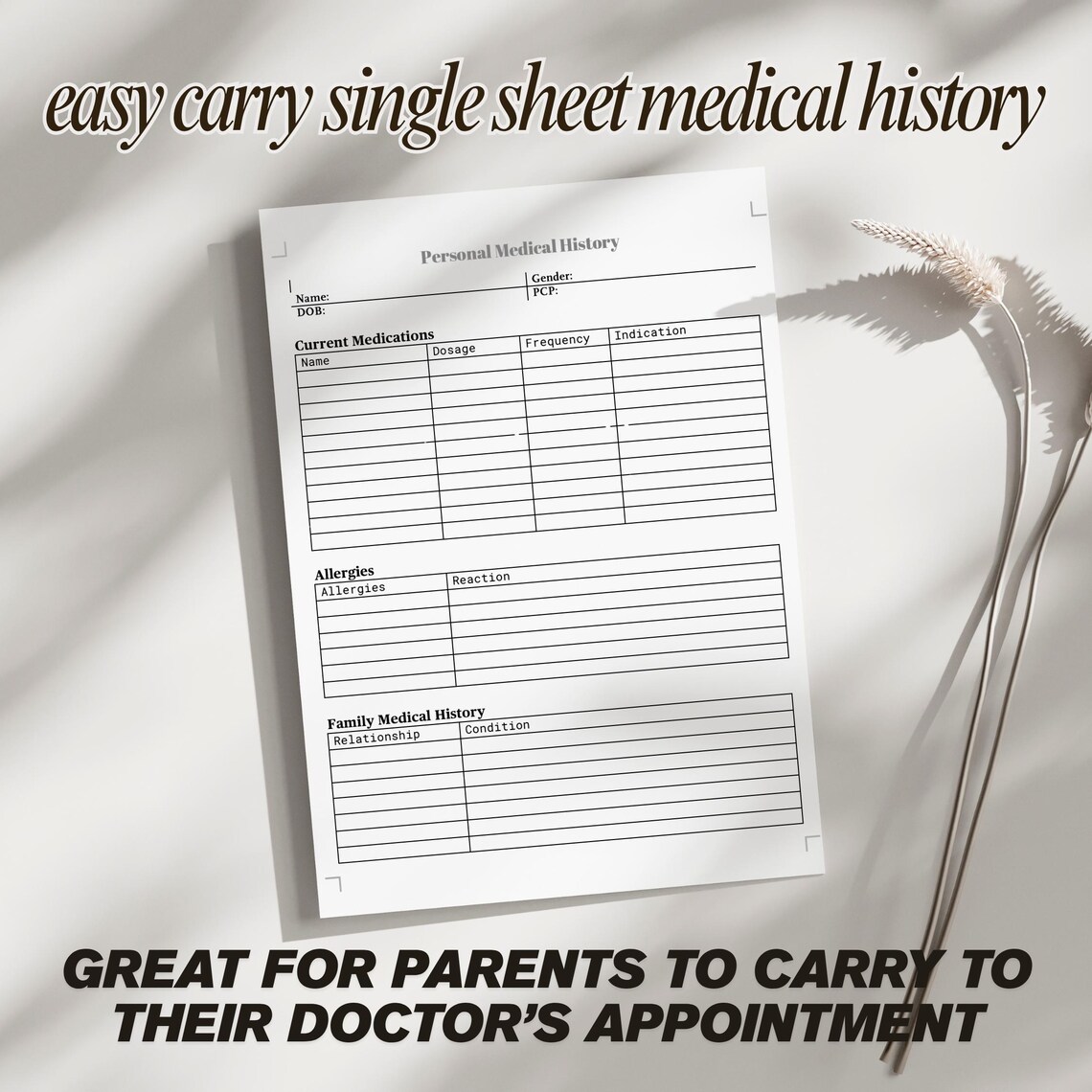Printable Medical History Sheet | One-page Health Log for Doctor Visits ...