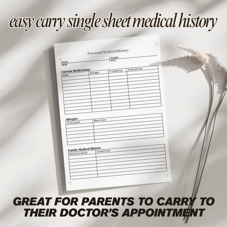Printable Medical History Sheet | One-page Health Log for Doctor Visits ...