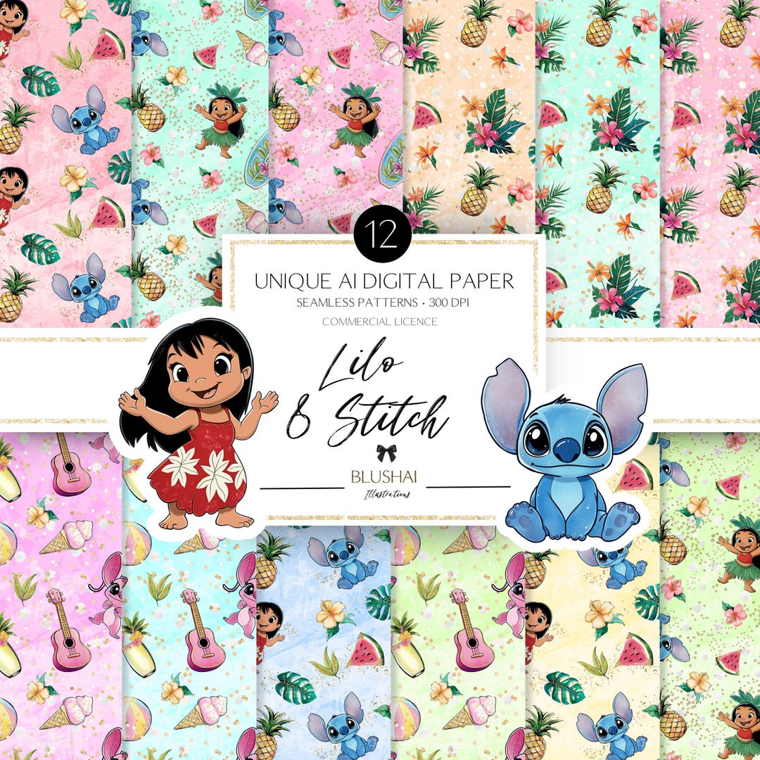 Lilo and Stitch Digital Paper: Tropical Seamless Patterns (PNG Files ...