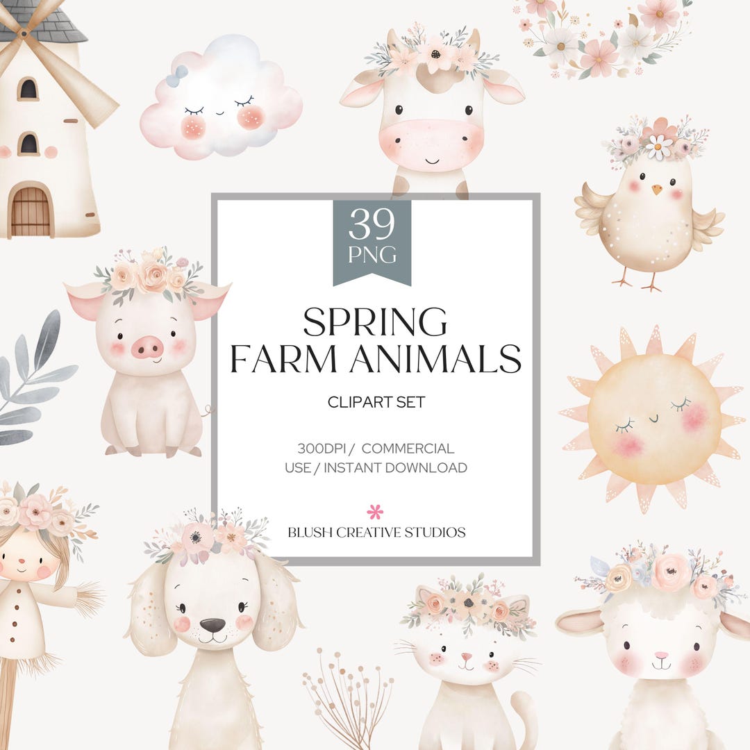 Spring Farm Animals Clipart, Watercolor Baby Animals PNG, Pastel ...