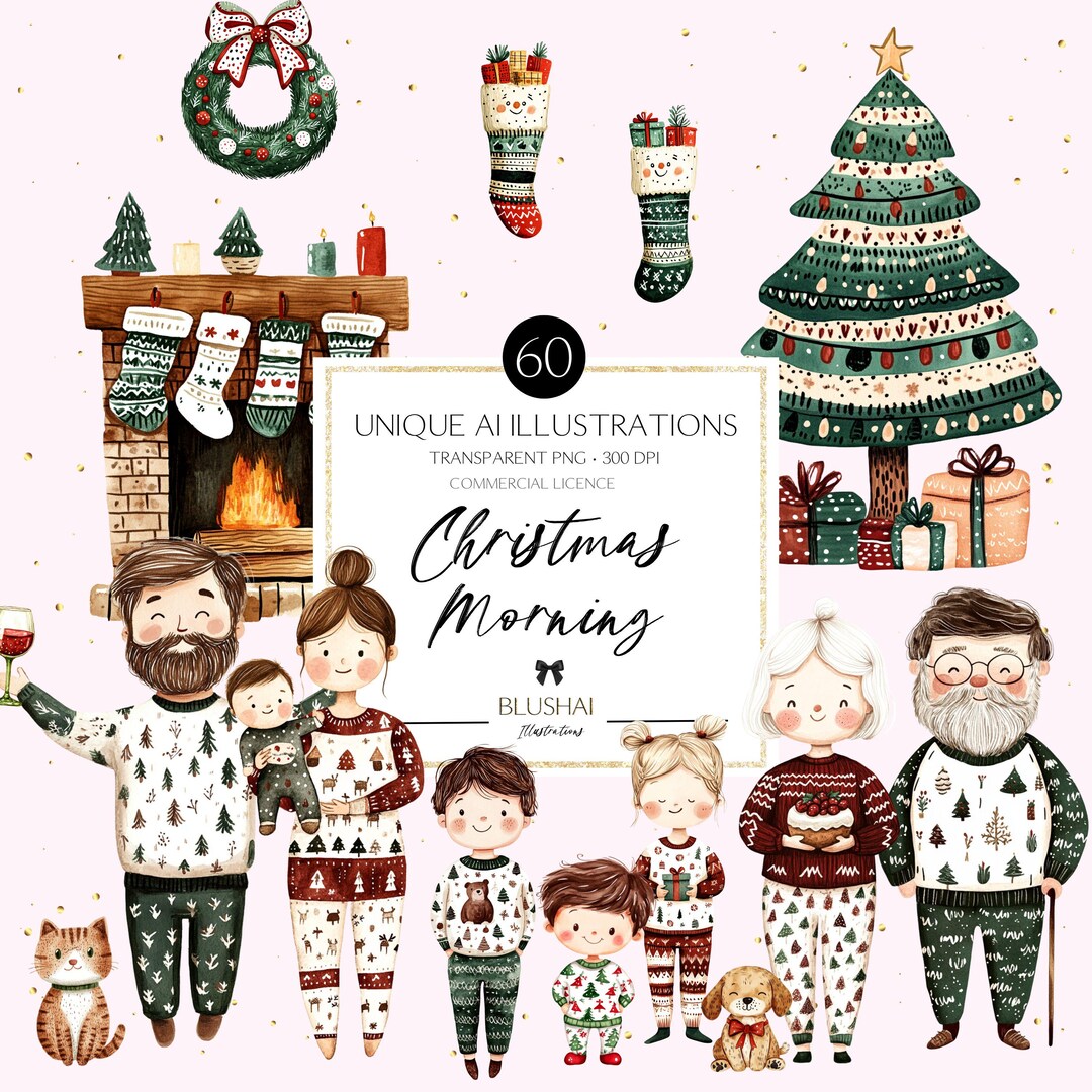 Watercolor Christmas Morning Clipart Set, Festive Illustrations (PNG ...
