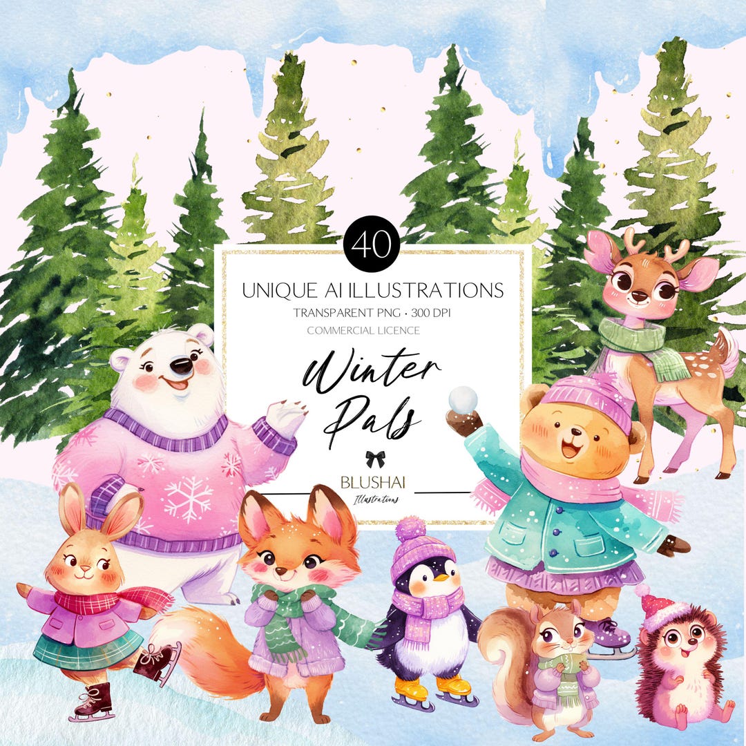 Winter Woodland Animals Clipart Set, Christmas Watercolor (PNG) - Etsy