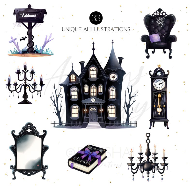 Addams Family Clipart: Goth Illustrations for Commercial Use (PNG, 300 ...