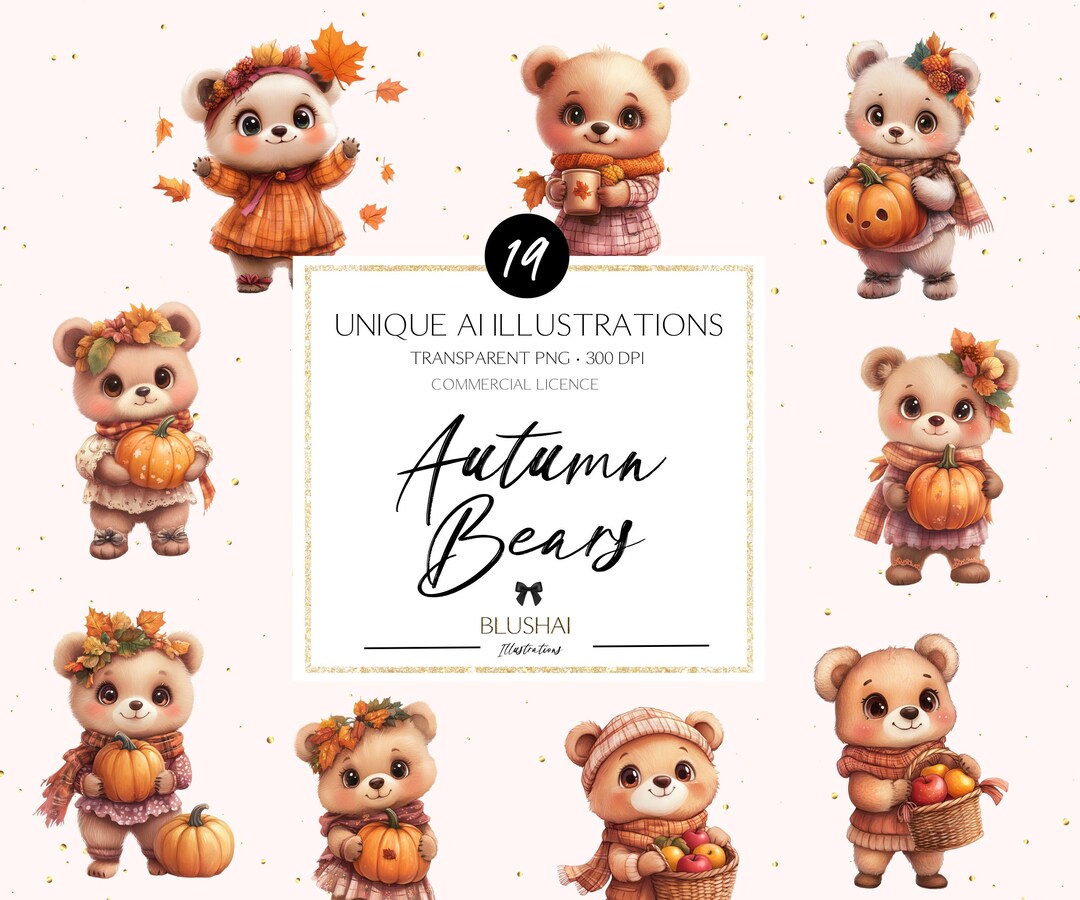 Autumn Bear Clipart: Cuddly Bears With Pumpkins (PNG Digital Download ...