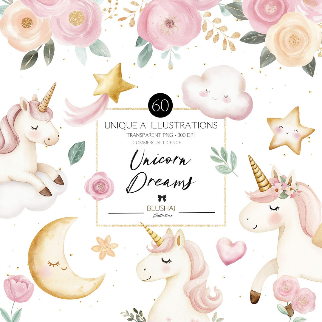 Watercolor Unicorn Clipart Set: Rainbows, Flowers, Clouds (PNG, 300 DPI ...