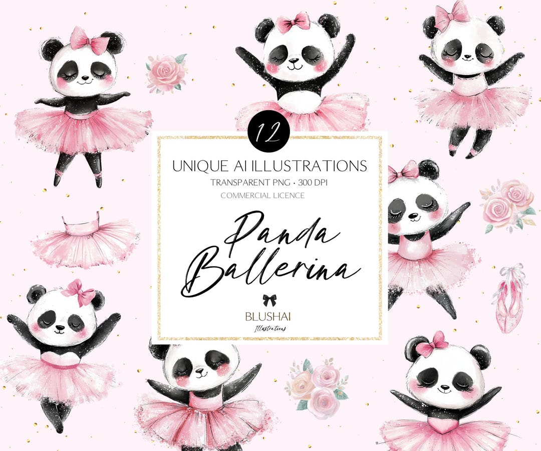 Watercolor Panda Ballerina Clip Art: Pink Nursery PNG (digital Download ...