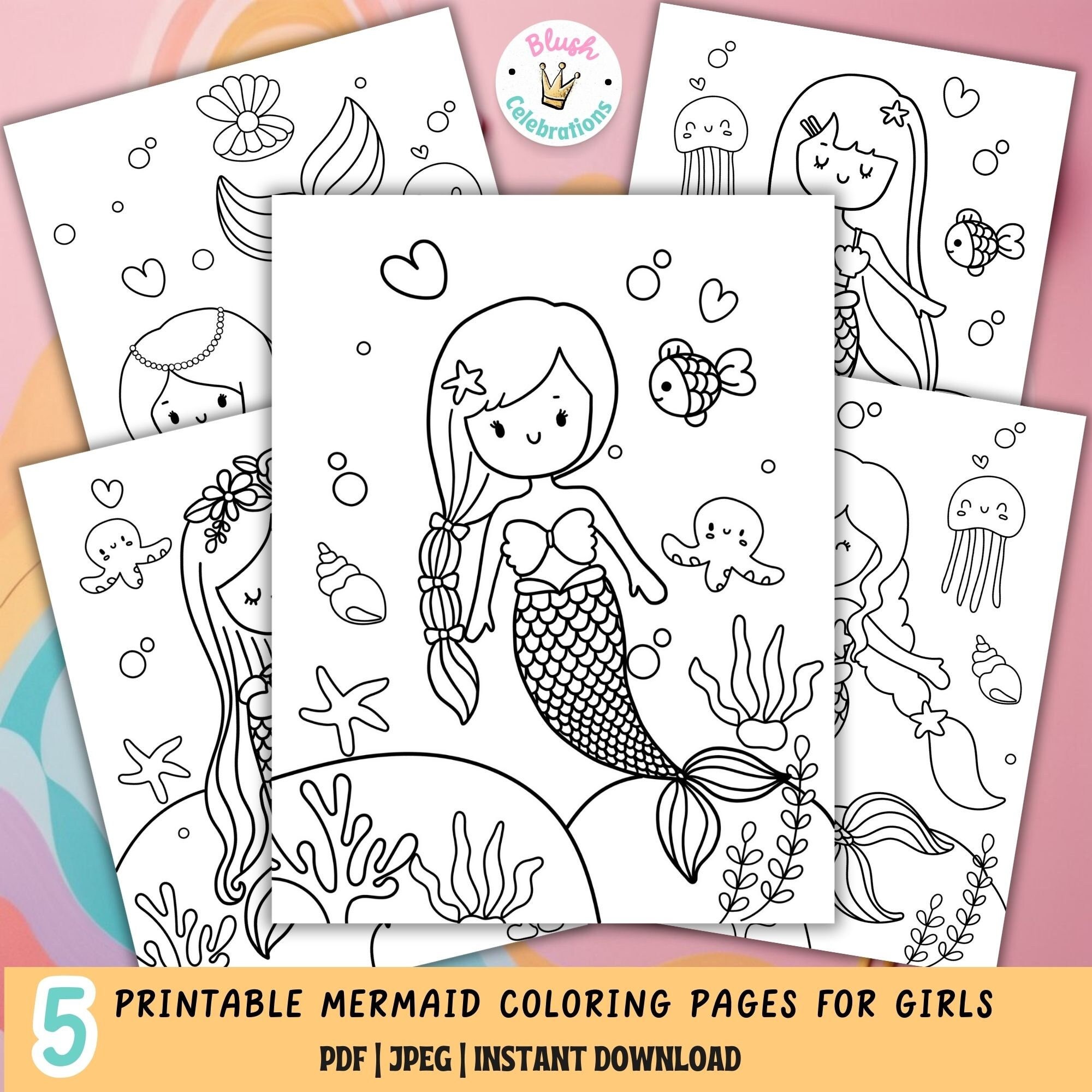 Printable Mermaid Coloring Pages for Girls Instant Download PDF & Jpeg ...
