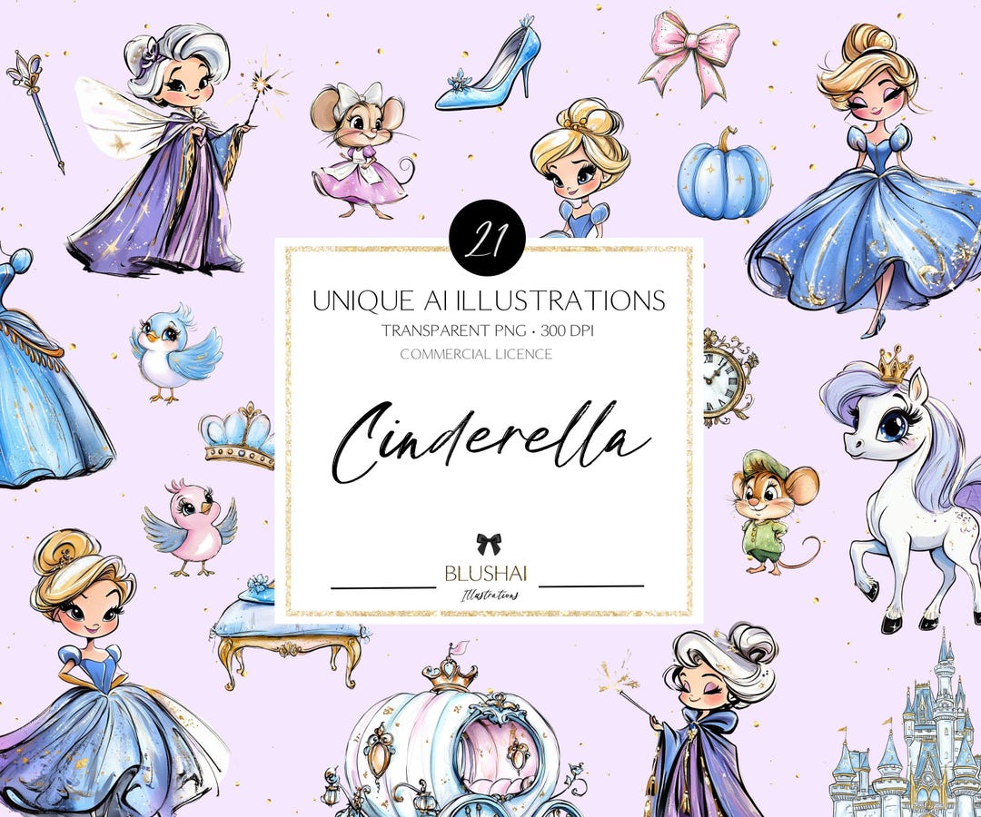 Cinderella Clipart Set Fairy Tale Princess Whimsical Clipart Set Glass ...