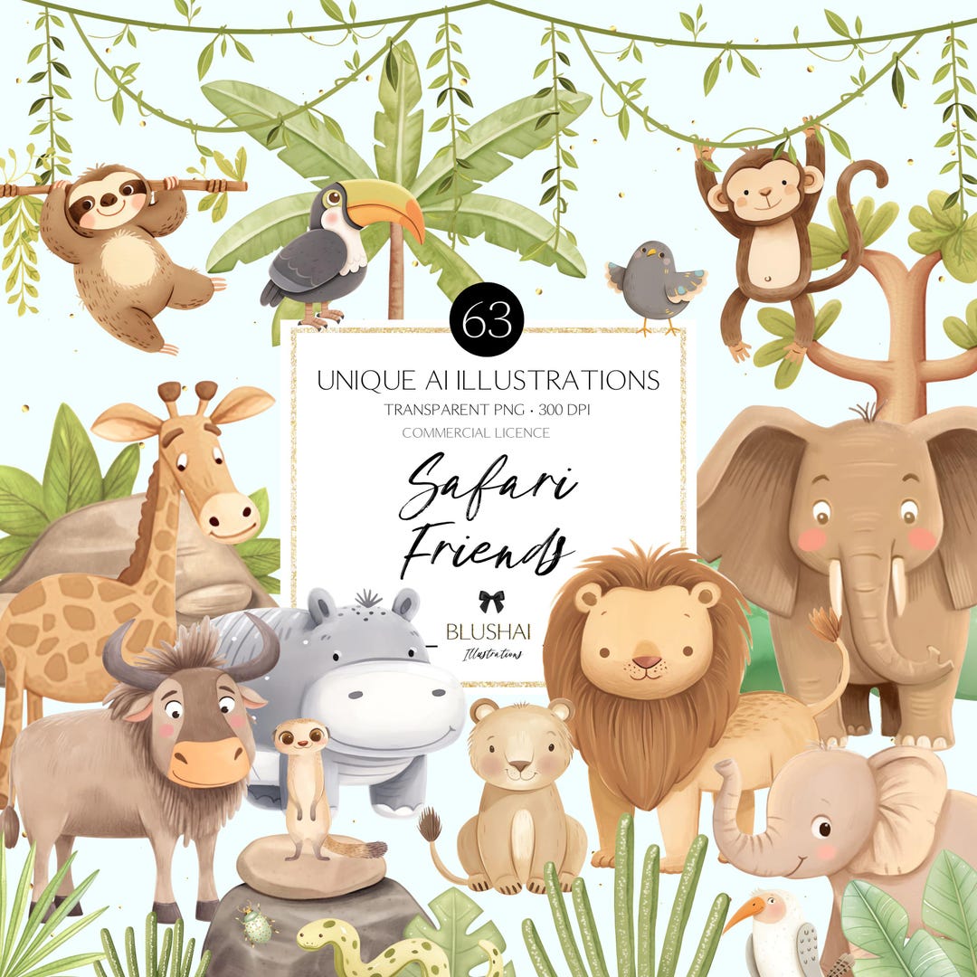 Watercolor Safari Animal Clipart Set (PNG, 3000x3000px) - Etsy