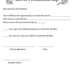 Movie Permission Slip for Classroom | PG Movie Permission Slip | Class ...