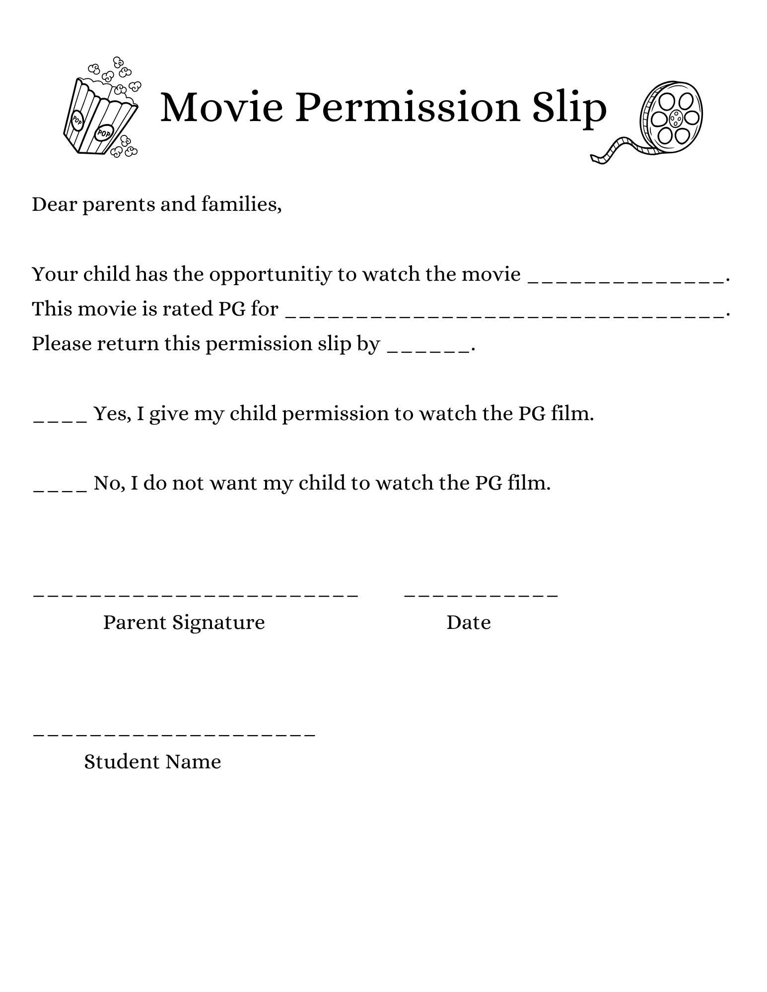 Movie Permission Slip for Classroom | PG Movie Permission Slip | Class ...